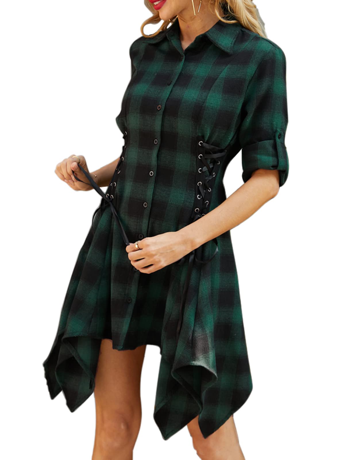 Women's Goth Punk Plaid Dress Handkerchief Hem Lapel Collar Dress Dark Green 2XL