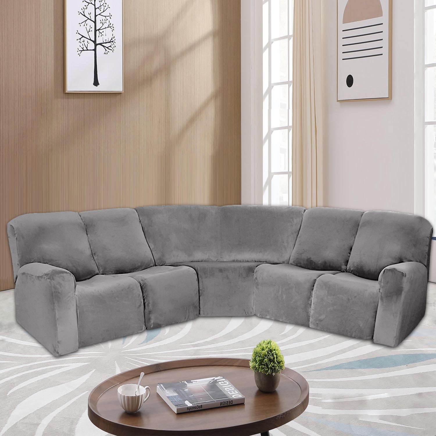Velvet Stretch Recliner 5 Seats Corner Sectional Sofa Cover L-Shape 7-Pieces Reclining Sectional Couch Covers for Reclining Loveseat Sofa Slipcovers Thick Soft Washable Furniture Protector (Dark Grey)