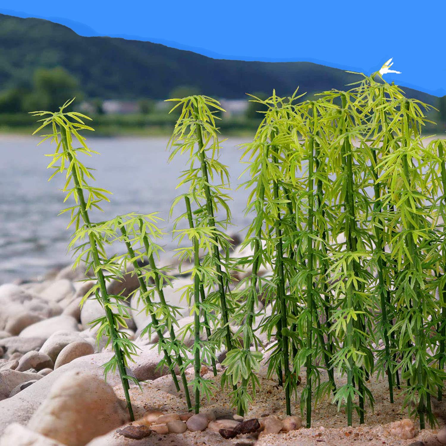 Woohome Miniature Bamboo Trees, 60 PCS Model Bamboo Trees Landscape Bamboo Tree and 2 PCS Fake Moss Rocks Decorative Moss Balls Model Artificial Plants for Home Decoration, Fairy Gardens