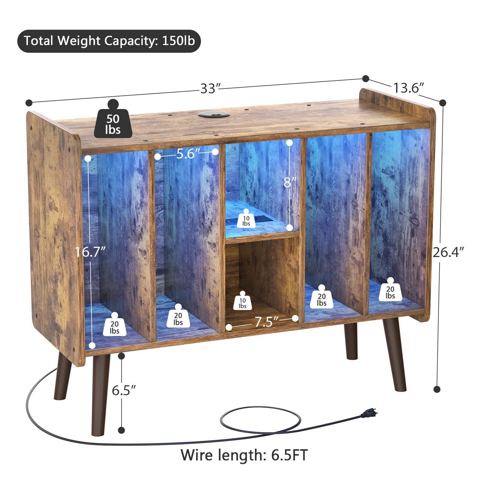 Unikito Large Record Player Stand with Vinyl Storage and LED Light, Vinyl Record Storage Cabinet with Power Outlet, Record Player Table, Turntable Stand with Wood Legs for Living Room, Bedroom, Office