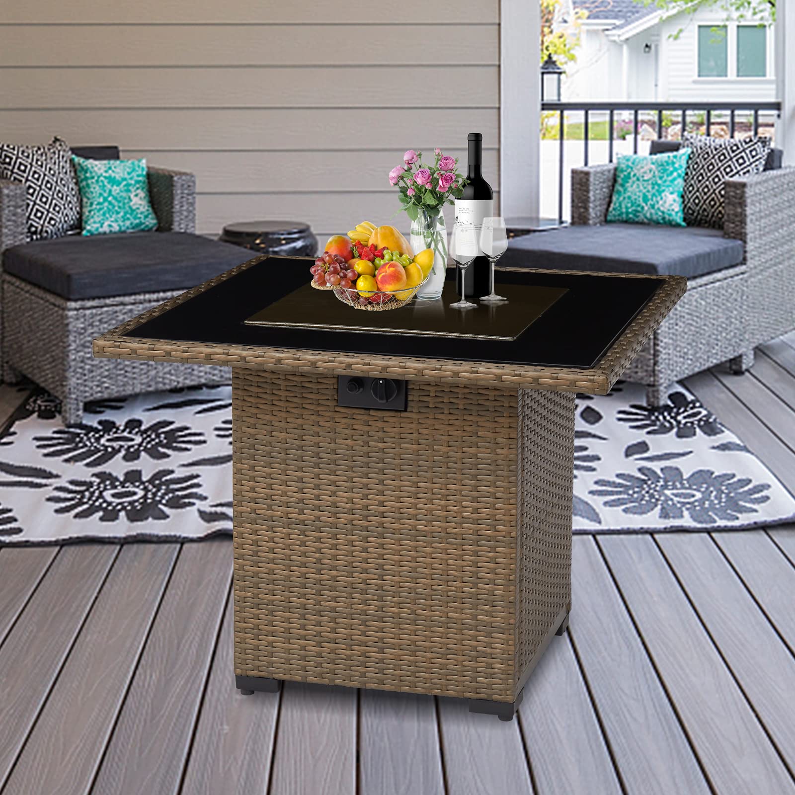 Square Gas Fire Pit Table, 2-in-1 Outdoor Propane Fire Table, 32 inch Firepit Table with Blue Stone Glass Wind Guard, Black Tempered Glass Tabletop, 50,000 BTU, Brown
