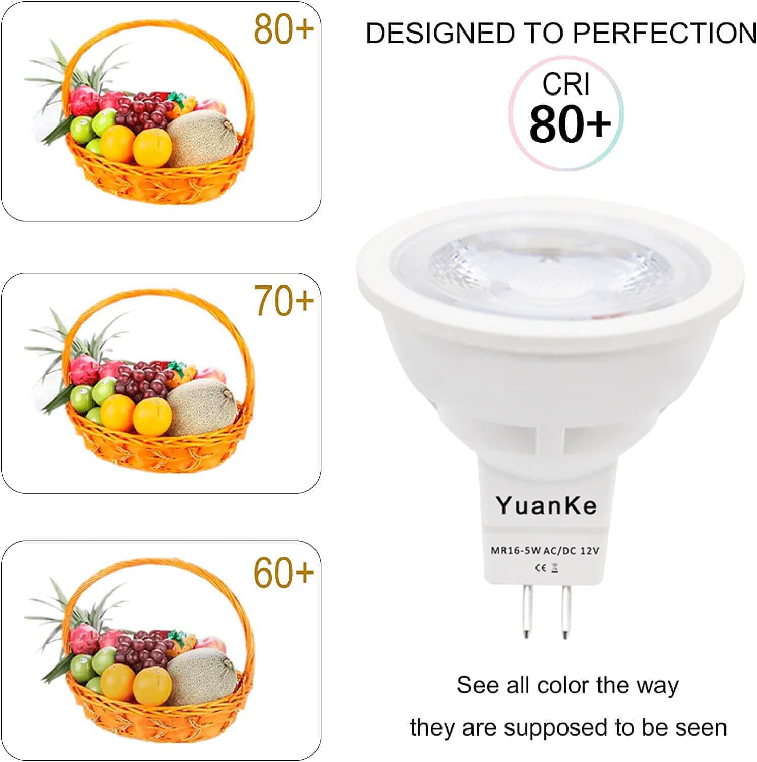 YUAN KE GUANG DIAN 4pack MR16 LED Light Bulbs 5000K Daylight 50W Halogen Bulb Equivalent 30,000 Hour Lifetime 90% Energy Saving 500 Lumens 5W AC/DC 12V 38 Degree GU5.3 Base Non-Dimmable