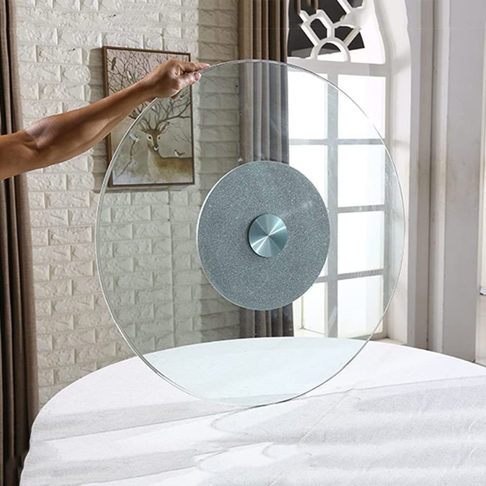 ZQKJLH Lazy Susan Tempered Glass Heavy Duty Turntable Round Dining Table Swivel Large Tabletop Serving Plate Transparent Rotating Tray with Silent Bearing Centerpieces ( Battery *1 : Ø 50cm/20in )