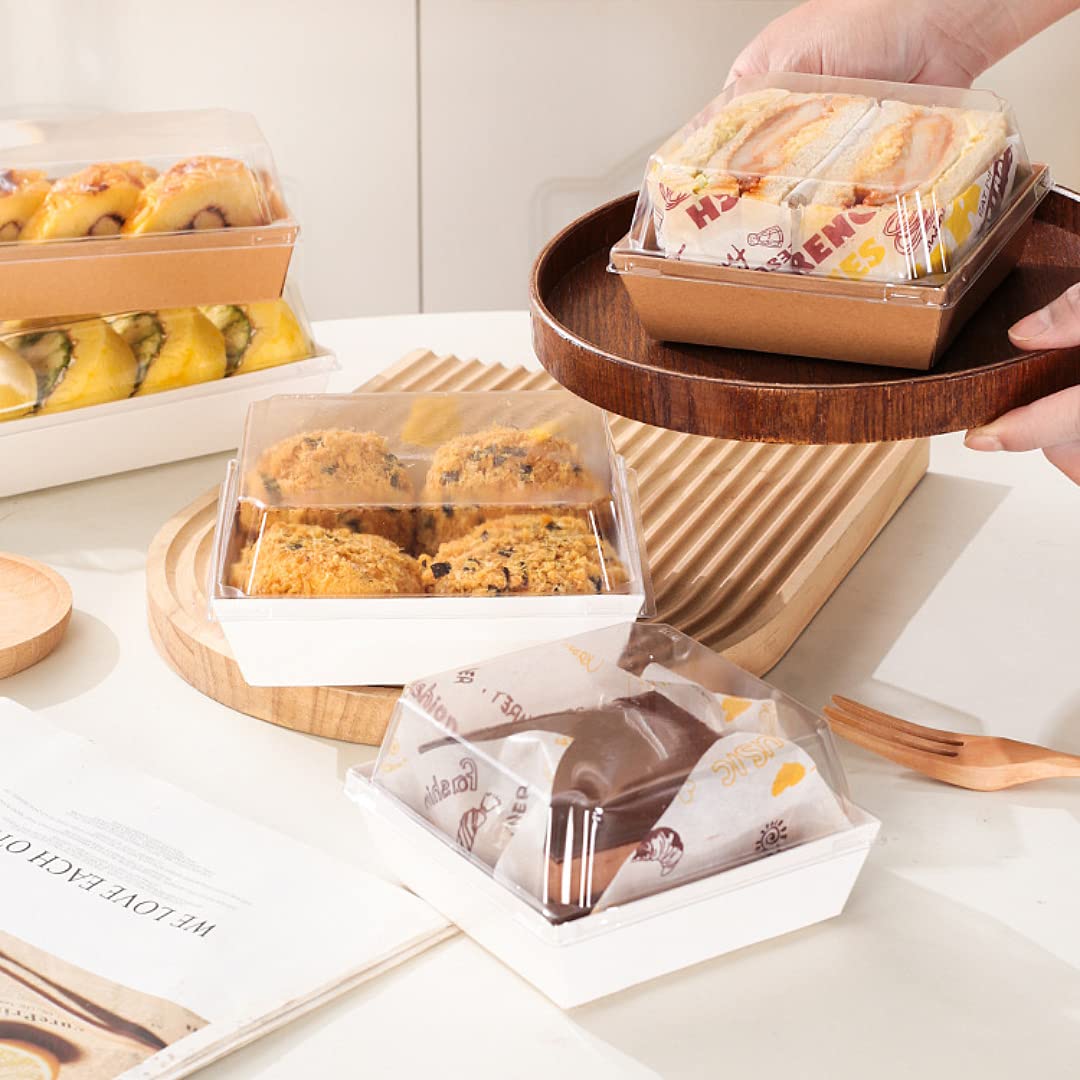 ZORRITA 50 Pack Paper Charcuterie Boxes with Clear Lids, 4 Inches Disposable Sandwich Boxes Square To Go Food Containers for Desserts, Strawberries, Cake Slice and Cookies (White)