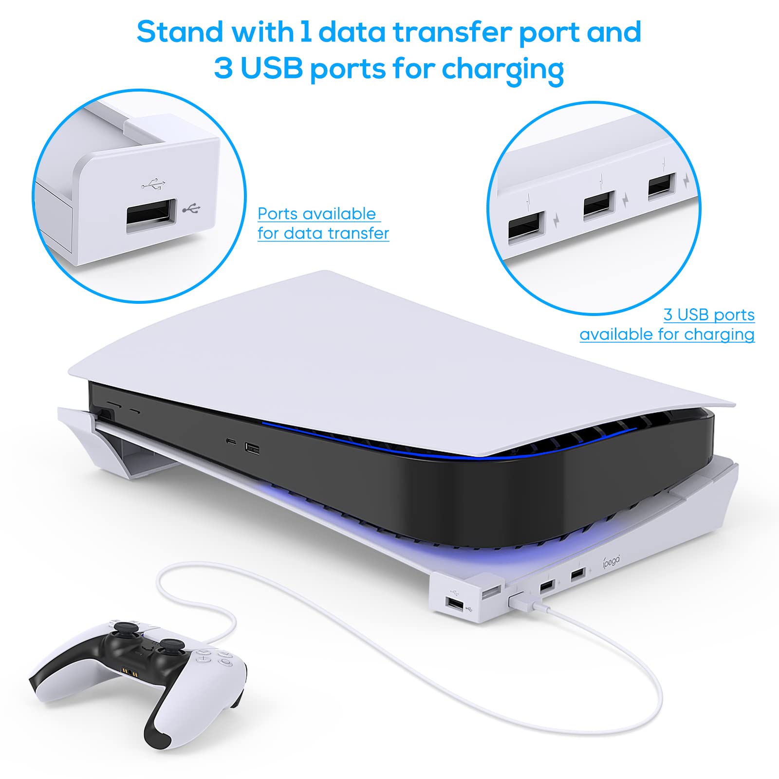 YUANHOT Horizontal Stand Accessories for PS5, Side Stand Base with USB Ports for Sync & Charge Compatible with PS5 Disc Version & Digital Editions, White