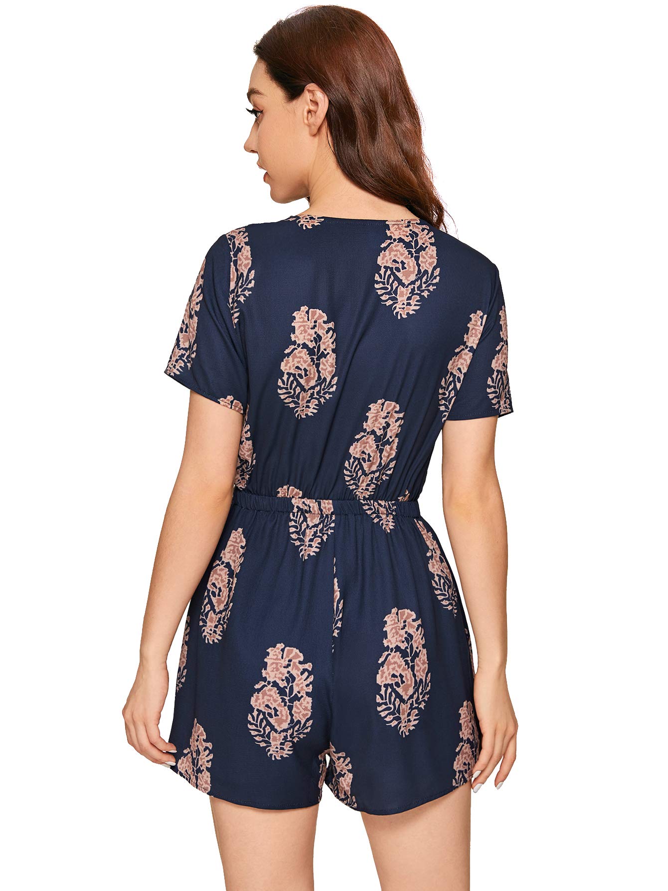 SweatyRocks Women's Sexy V Neck Floral Print Self Tie Front Short Jumpsuit Romper Black Gold M