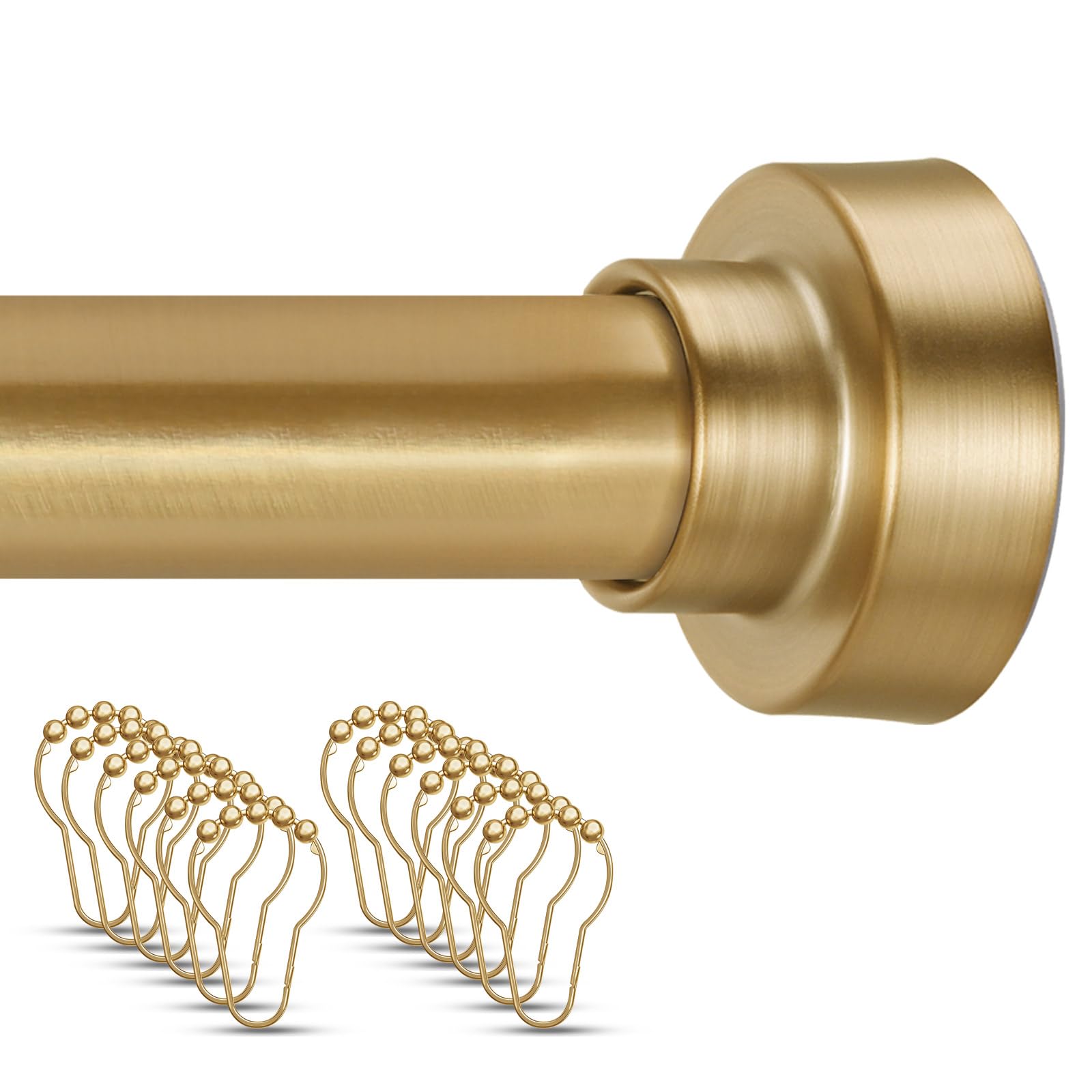 YNL Shower Curtain Rod 34-82 Inches (2.8-6.8ft) with 12Pcs Shower Curtain Rings, Adjustable Gold Shower Rod No Drilling, Non-Slip, Never Rust, Stainless Steel, Suitable for Bathroom Window, Gold