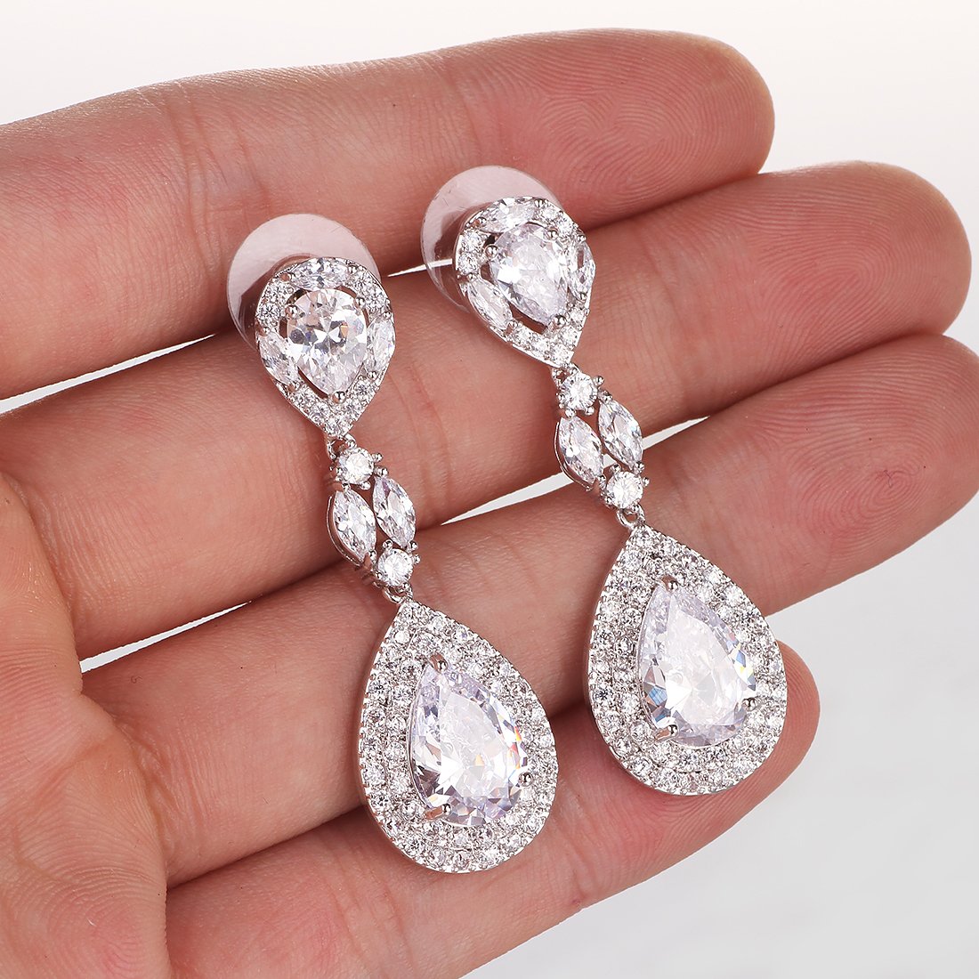 Wordless Love Genuine Rhodium Plated Cubic Zirconia Teardrop Bride Wedding Dangle Pierced Earrings Clear