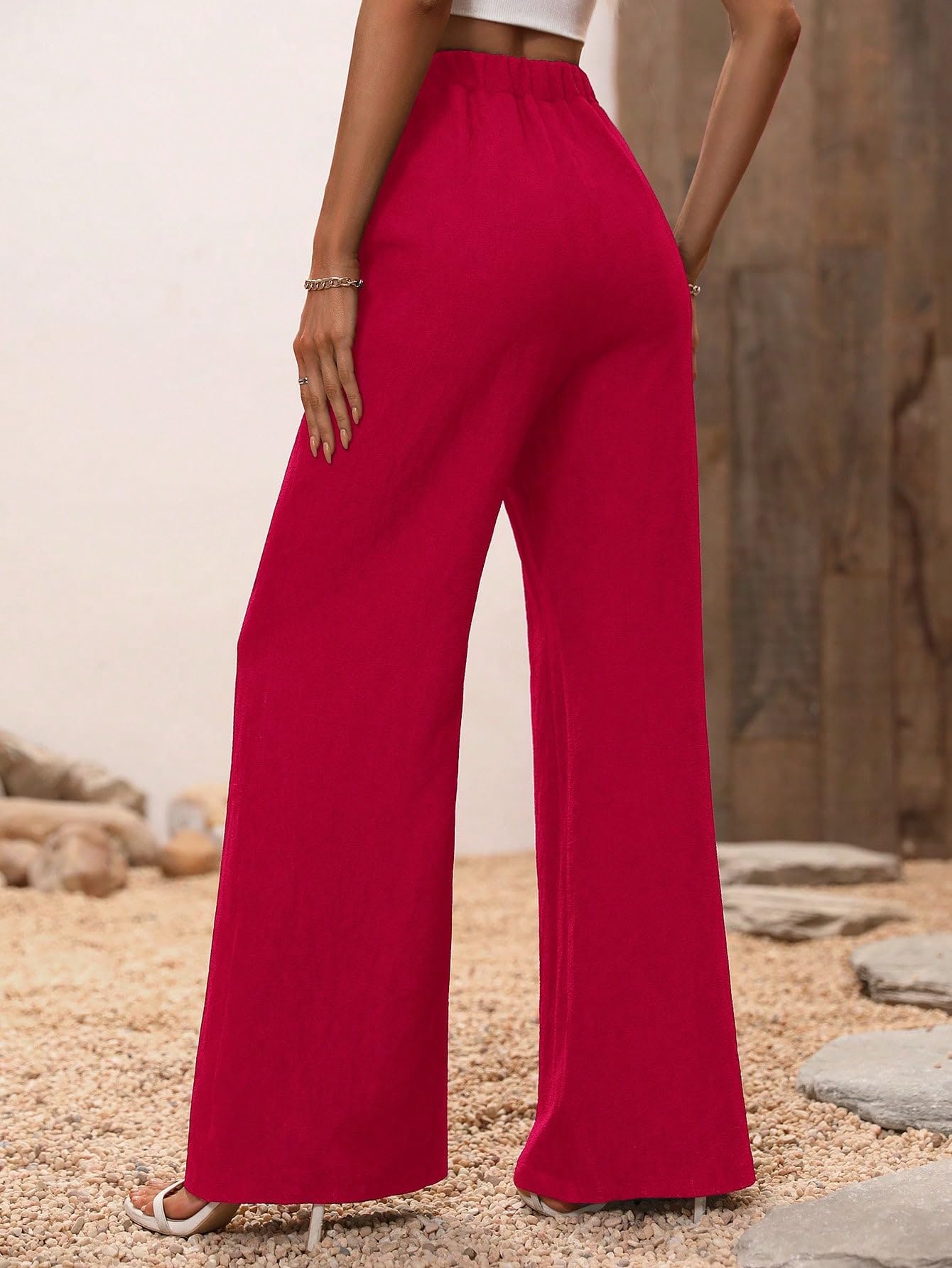 SweatyRocks Women's Elastic High Waist Basic Casual Office Trousers Loose Long Flare Leg Pants Hot Pink M