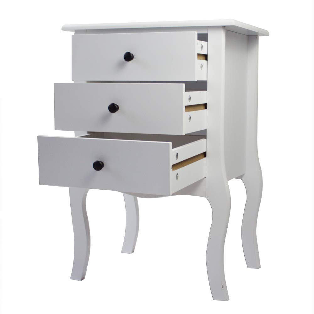 White Nightstand, Modern Bedside Table with 3 Drawers and Curved Legs, End Table with Black Round Handles, White Side Table for Bedroom, Living Room, Apartment, White