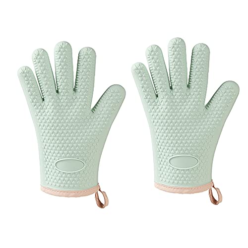 Yawcas Heat Resistant Silicone Oven Mitt,Oven Gloves with Fingers, Super Grip, Food Grade, Waterproof, for Cooking & Baking, Light Green, 2 Pack