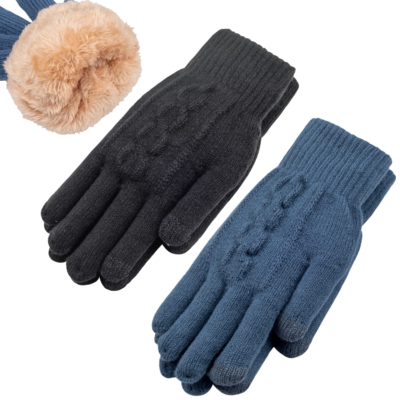 Women's Winter Warm Touch Screen Gloves Womens Thermal Cable Knit Wool Fleece Lined Mittens for Cold Weather (White+Purple)