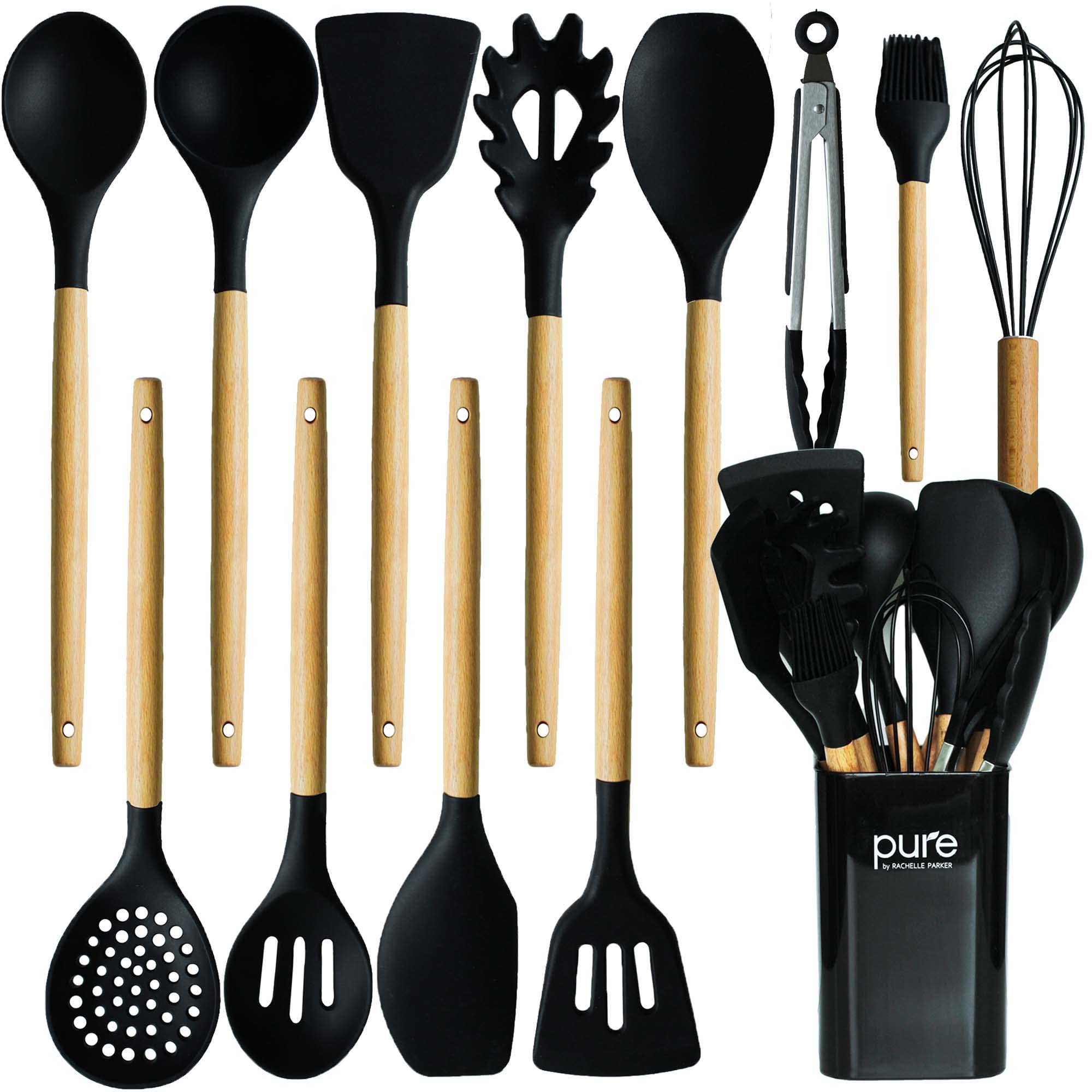 Silicone Cooking Kitchen Utensils Set with Holder. 13 Pc Black Cooking Utensils Set - Heat-Resistant Wooden Handles. BPA free Silicone. Non-stick Cookware