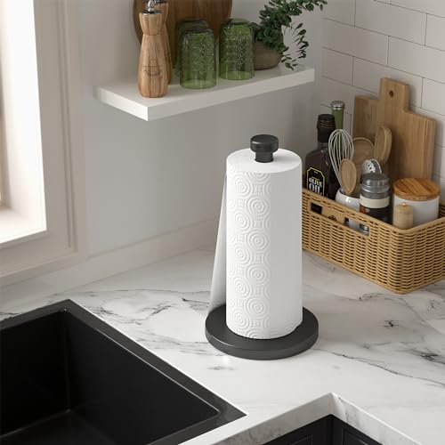 Waissdea Paper Towel Holder Countertop, Kitchen Paper Towel Roll Holder with Weighted Base, Free Standing Paper Towel Holder Stand for Standard or Jumbo-Sized Rolls,WPTH003BK,Black