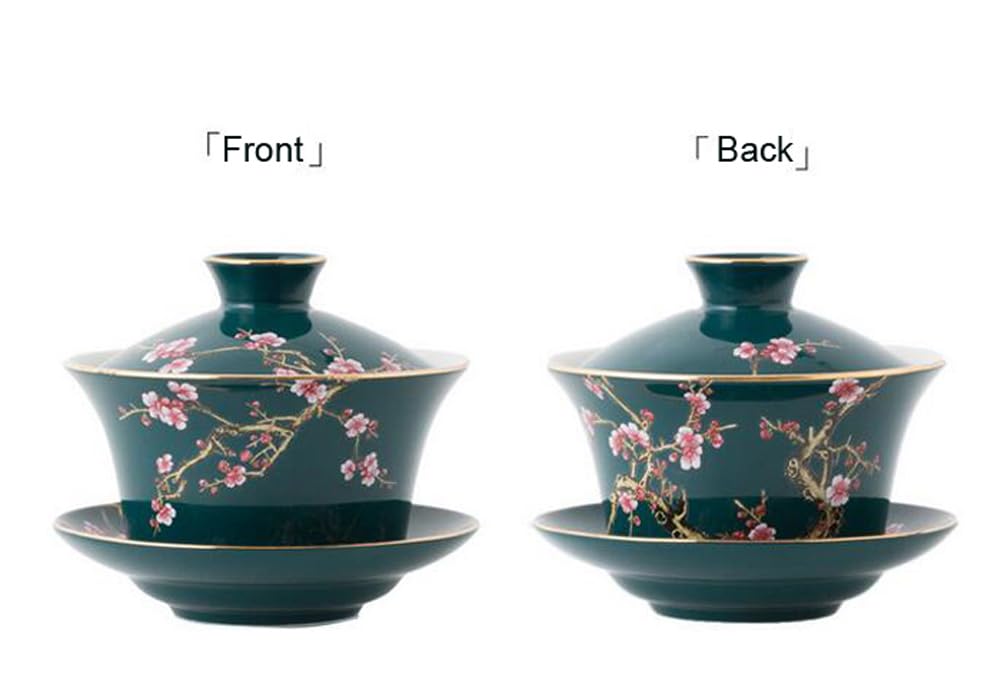 YBK Tech 10oz Large Gaiwan, Porcelain Kung Fu Tea Cup and Saucer with Lid, Chinese Traditional Gaiwan, Sancai Tea Bowl - Embossed Plum Patterns (Green)