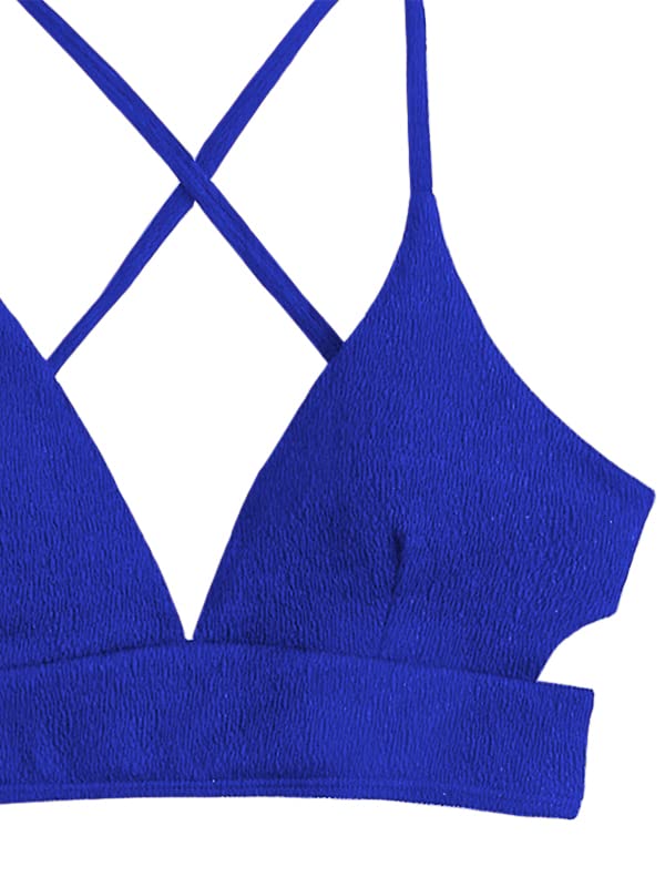 ZAFUL Women's Crisscross High Waisted Bikini Set Crinkle Textured Cut Out Tankini Two Piece Padded High Rise Swimsuit Deep Blue L