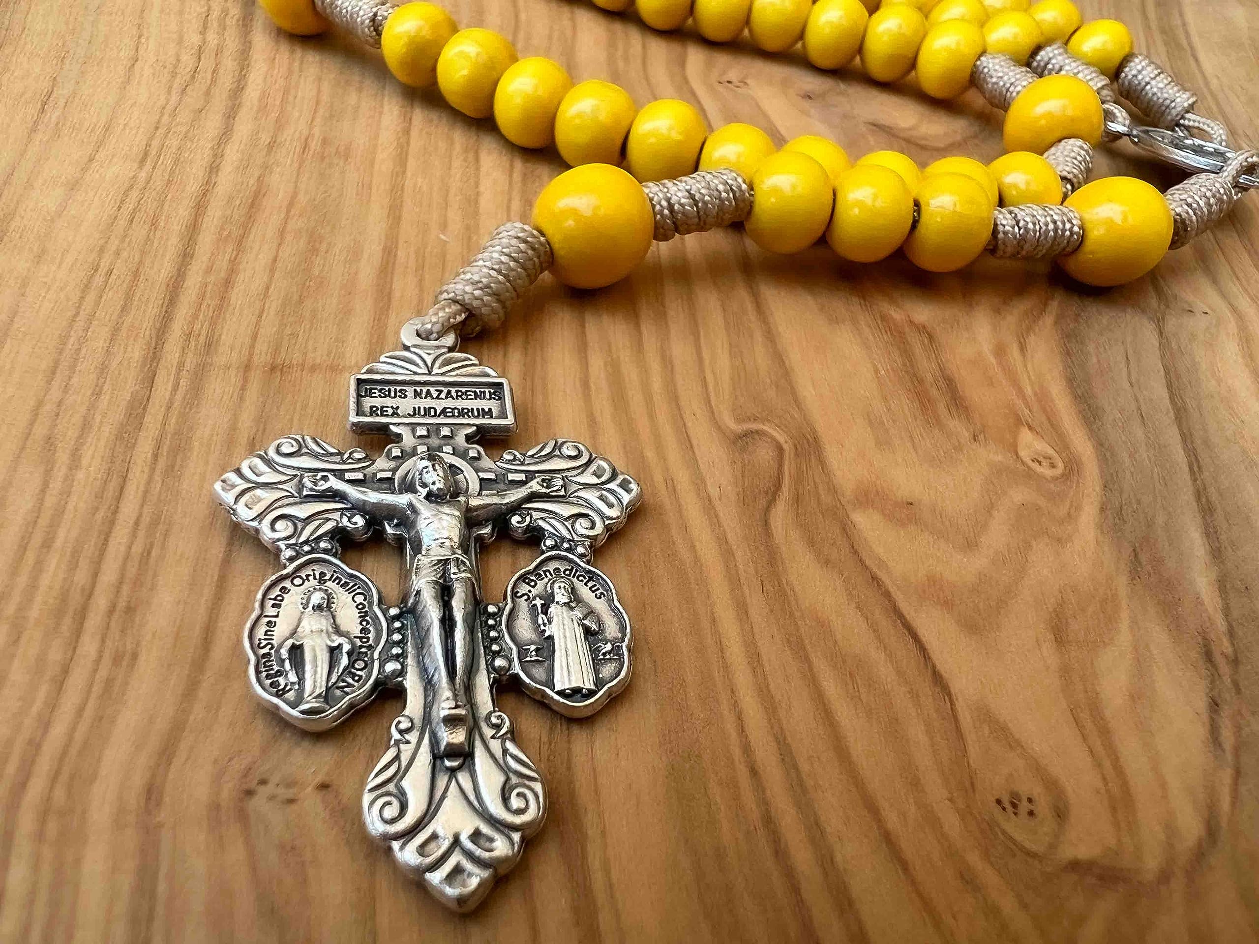Yellow Wooden Prayer Beads Rosary With Pardon Crucifix Pendant Immaculate Heart Of Mary