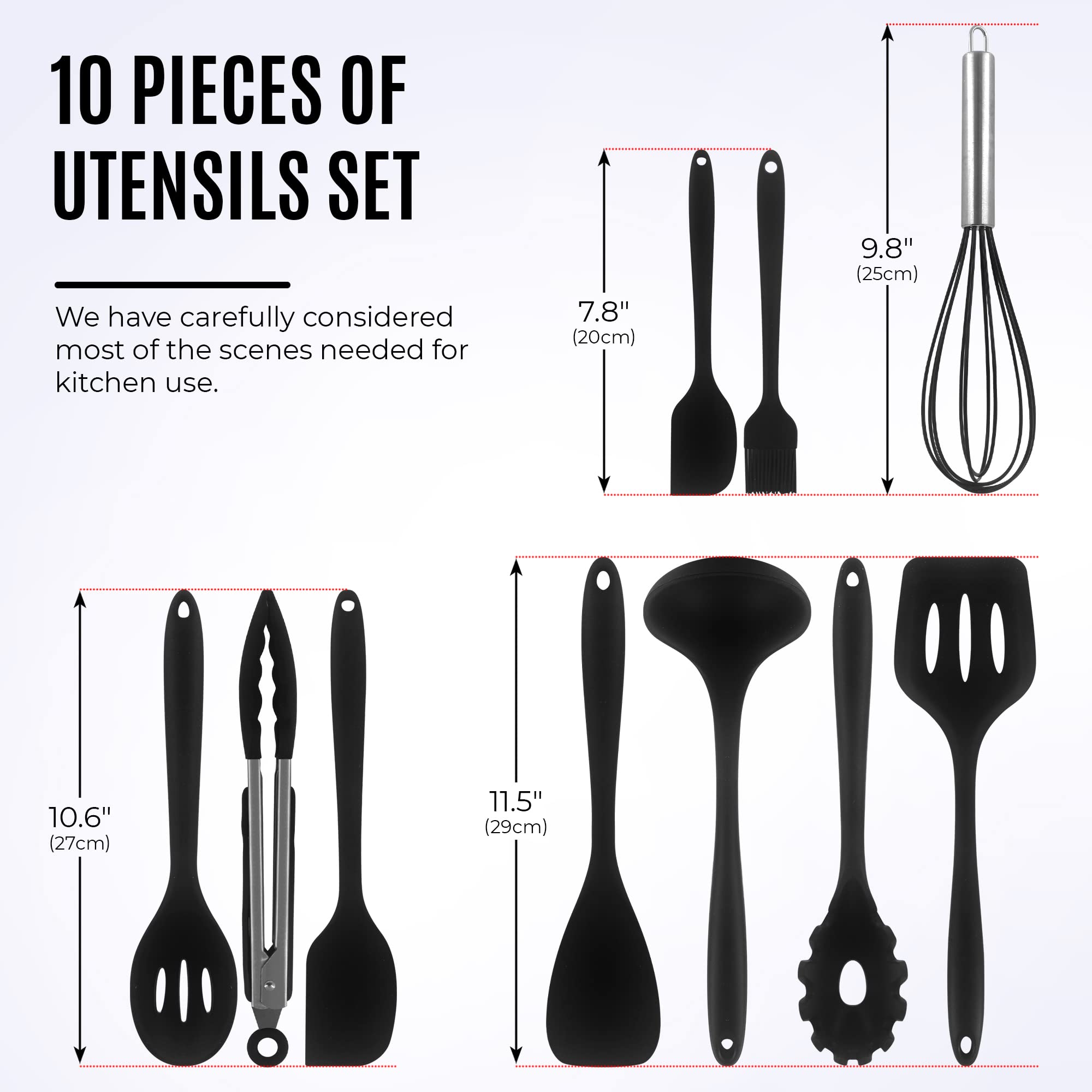 Silicone Kitchen Cooking Utensils Set 10 pcs - Heat Resistant Kitchen Gadgets, Turner,spatula, Pasta fork, Wisk, Kitchen tongs, Basting brush-BPA FREE Gadgets for Non-Stick Cookware