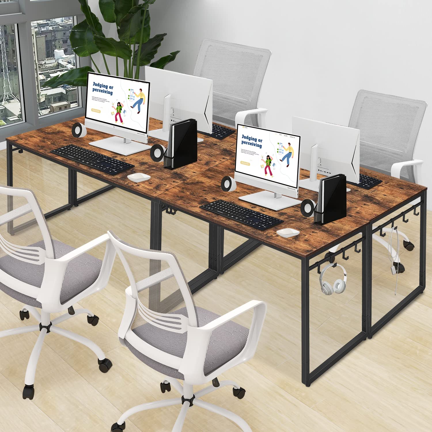 Zanzio Home Office Desk with Hooks, Simple Style Desk for Home Office, Computer Desk for Writing Study, 55.1 Inches, Industial Brown