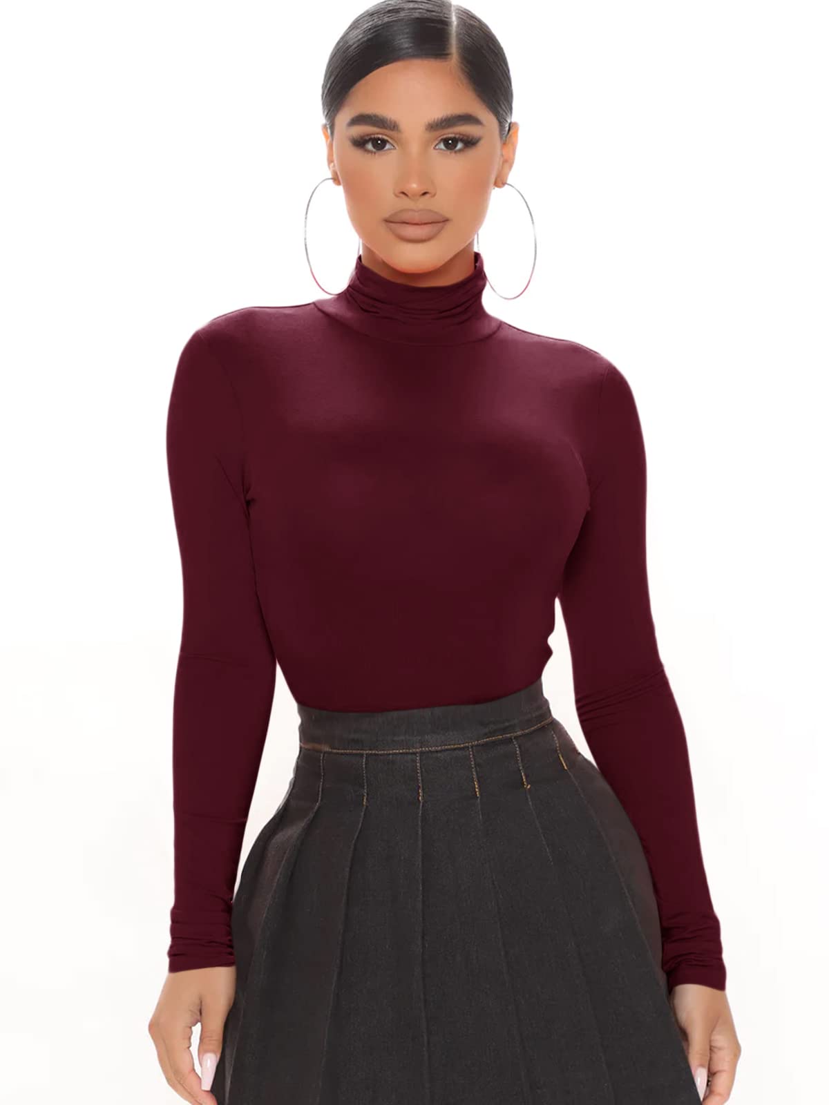 Womens Long Sleeve Turtleneck Tops Stretchy Slim Fit Base Layer Shirts Army Green