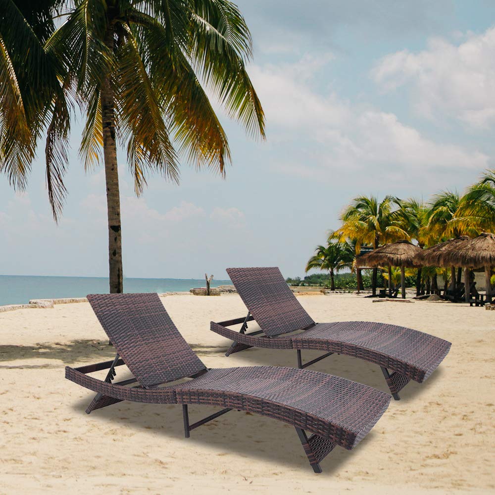 SSLine Outdoor Patio Chaise Lounge S-Shape Poolside Reclining Lounge Chair with Cushions and Adjustable Backrest Folding Portable Brown PE Wicker Chaise Lounger Sunbed for Pool Deck