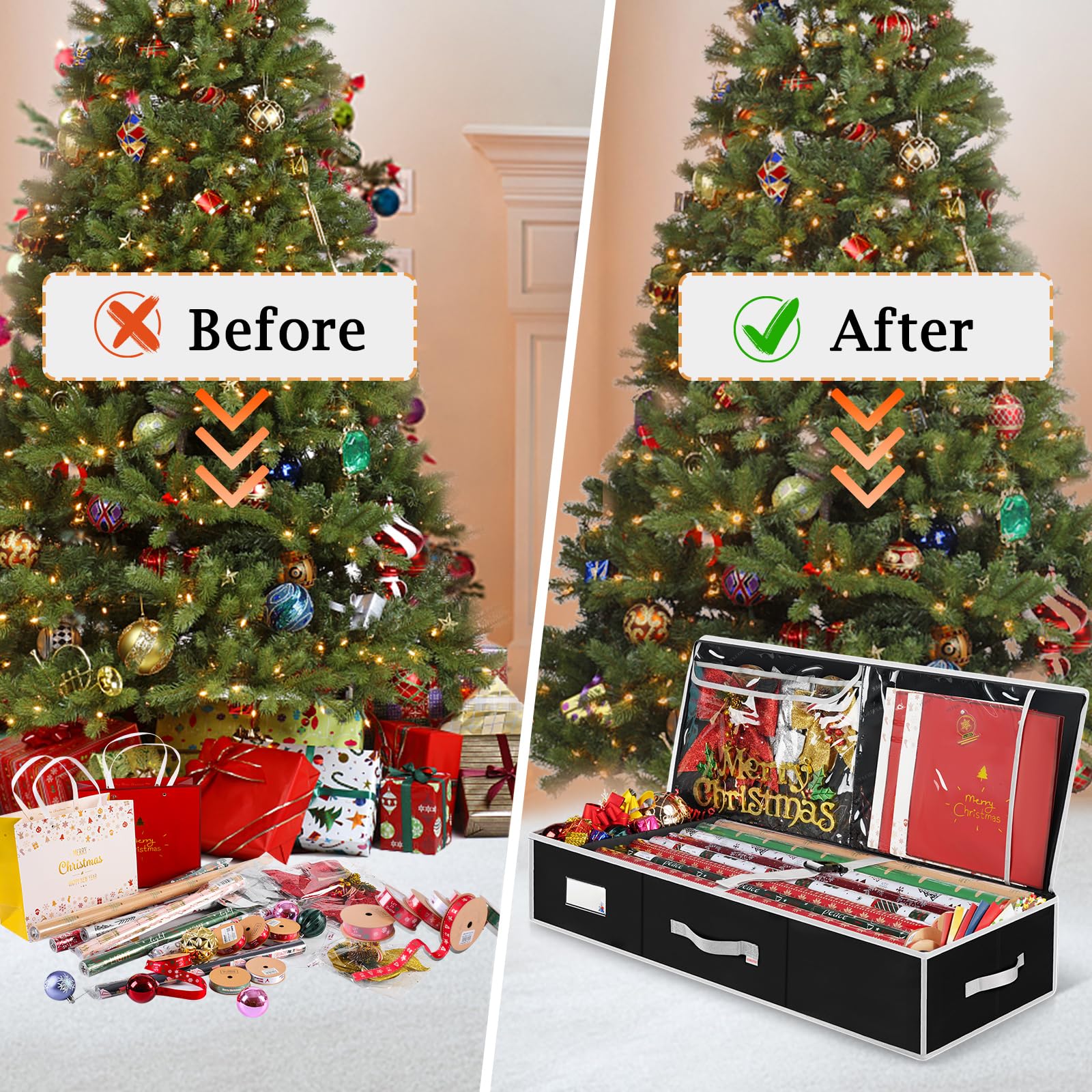YOREPEK Wrapping Paper Storage Containers with 2 Interior Pocket, 600D Durable Gift Wrap Organizer Storage Box Fits 27 Rolls of 40",Tearproof Christmas Wrap Storage for Bows,Ribbon,Holiday Accessories
