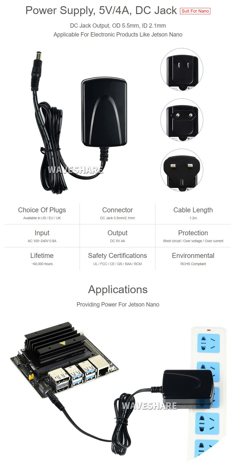 Waveshare Power Supply Applicable for Jetson Nano 5V/4A OD 5.5mm ID 2.1mm (US Adapter only)