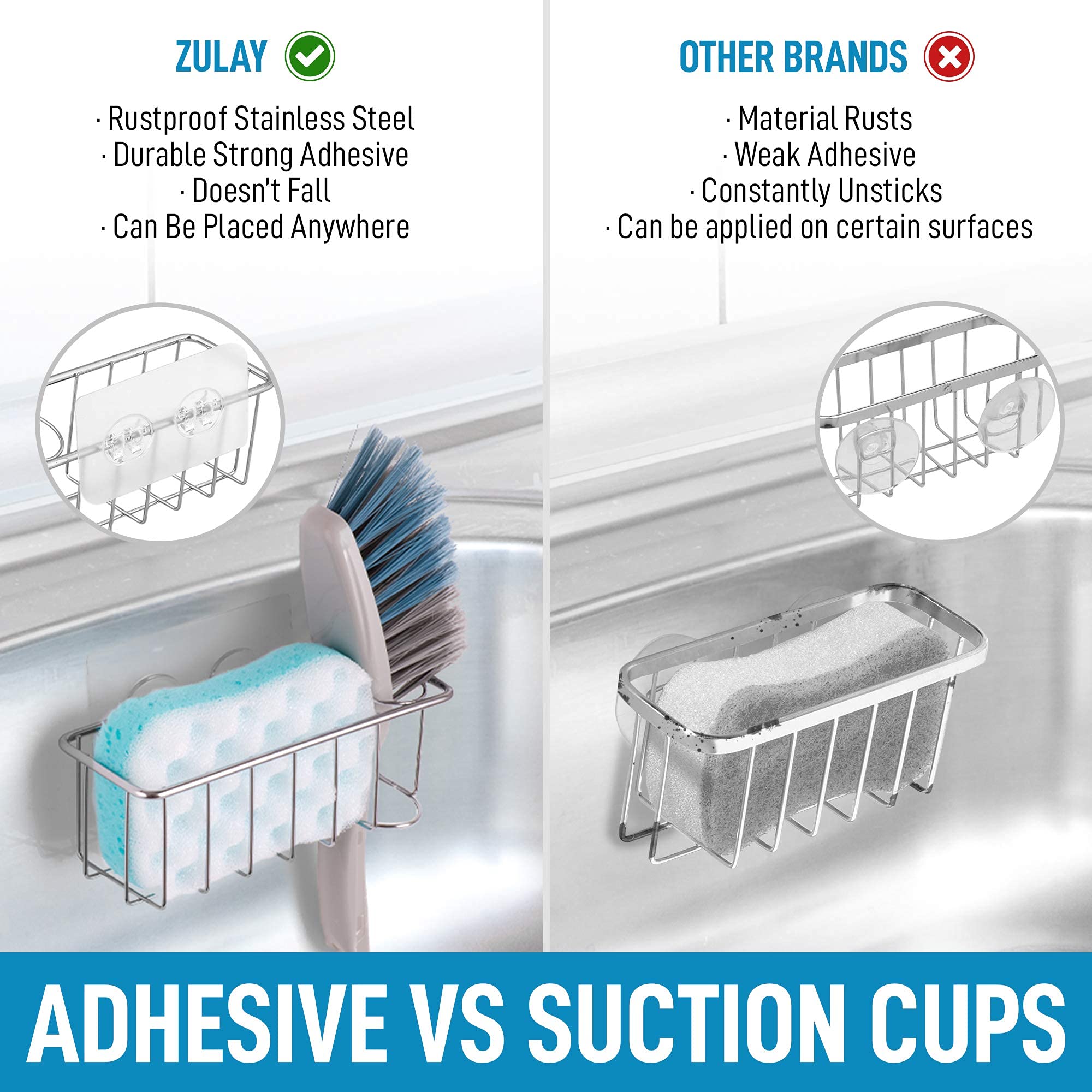 Zulay 2-in-1 Sponge Holder for Sink - Stainless Steel Kitchen Sink Sponge Holder with Extra Strong Adhesive - Rust Proof Dish Brush Holder & Dish Sponge Holder - Solid Sponge Caddy Sink Organizer