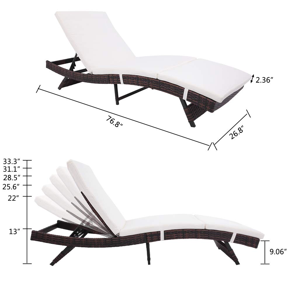 SSLine Outdoor Patio Chaise Lounge S-Shape Poolside Reclining Lounge Chair with Cushions and Adjustable Backrest Folding Portable Brown PE Wicker Chaise Lounger Sunbed for Pool Deck
