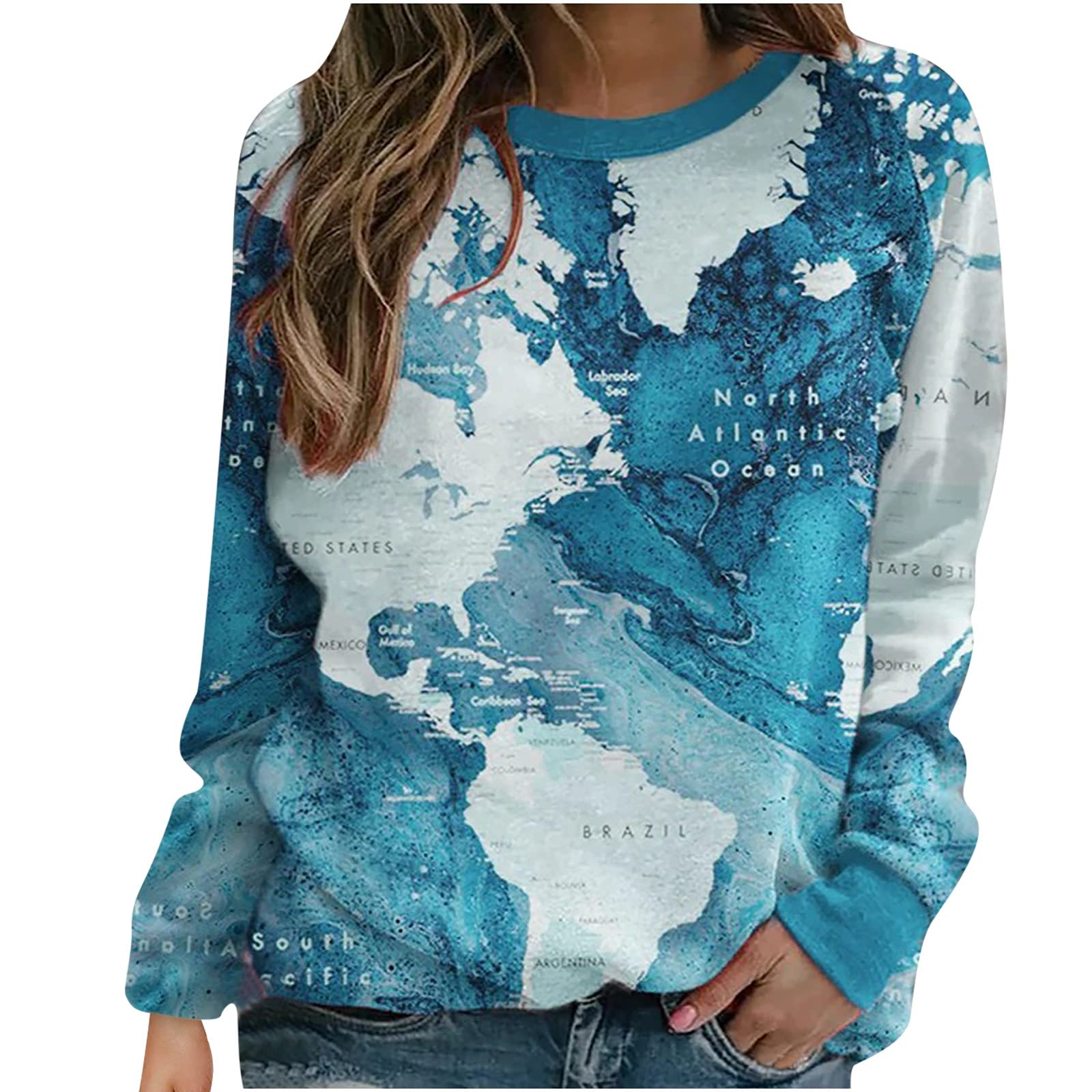 Womens Novelty World Map Print Shirts,Long Sleeve Crewneck Pullover Sweatshirts Thin,Casual Comfy Vintage Graphic Blouse Tops Navy