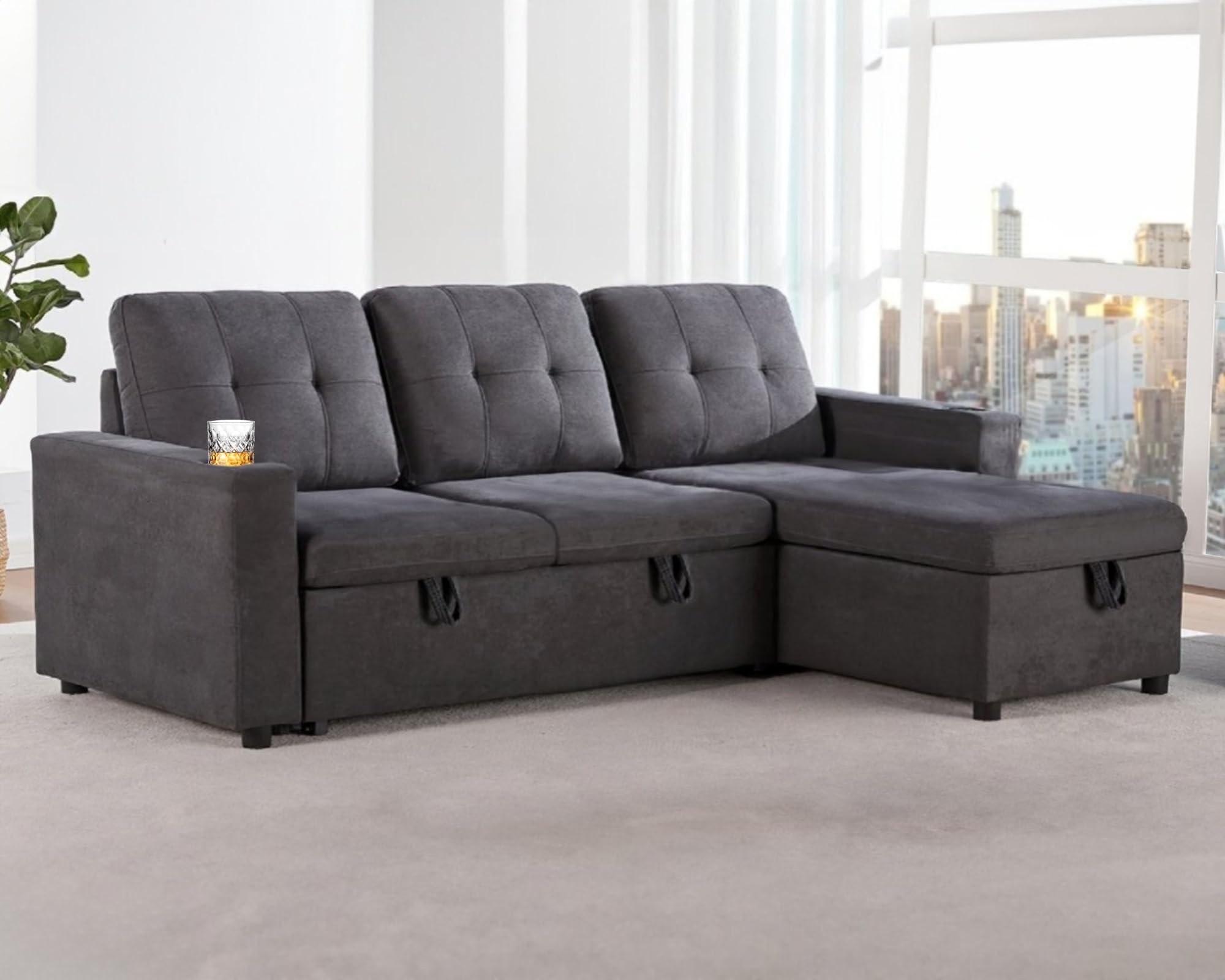 yoyomax L Shaped Sofa-82'' Sectional Sofa Chaises & Cup Holders Pull Out Bed & Storage Space for Living Room, Apartment and Office, Dark Grey(Right)