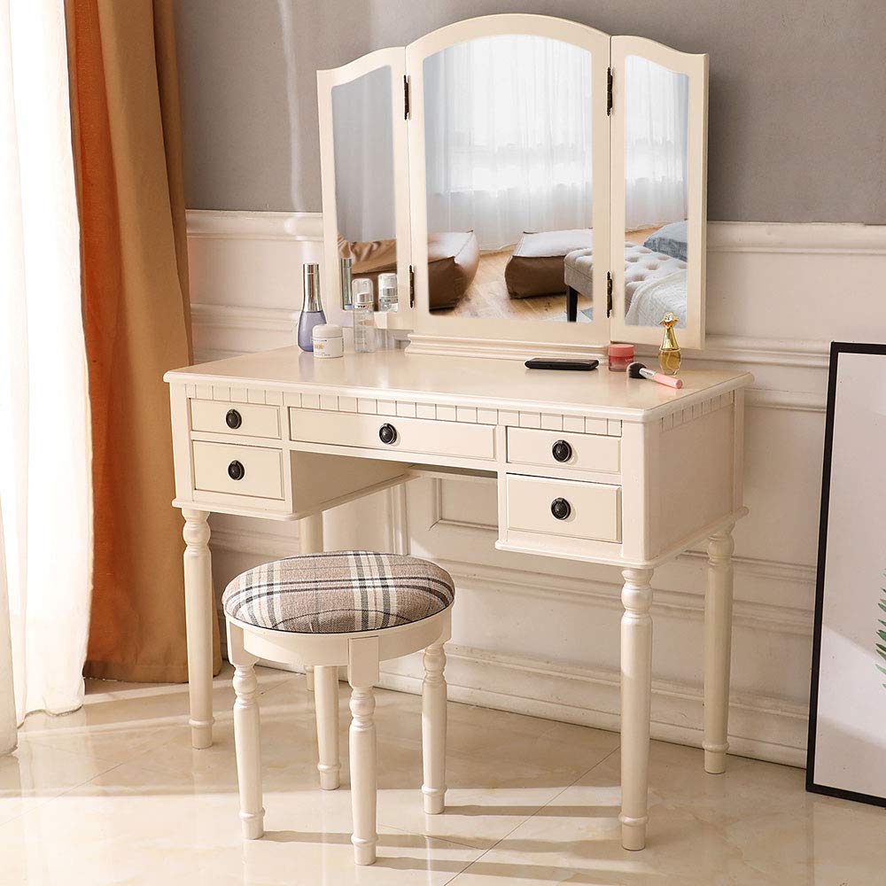 SSLine Vanity Wooden Makeup Table and Chair Set Bedroom Cosmetic Dressing Table Tri-Folding Mirror 5-Drawer Vanity Desk Cushioned Stool Adult Size - Light Pink