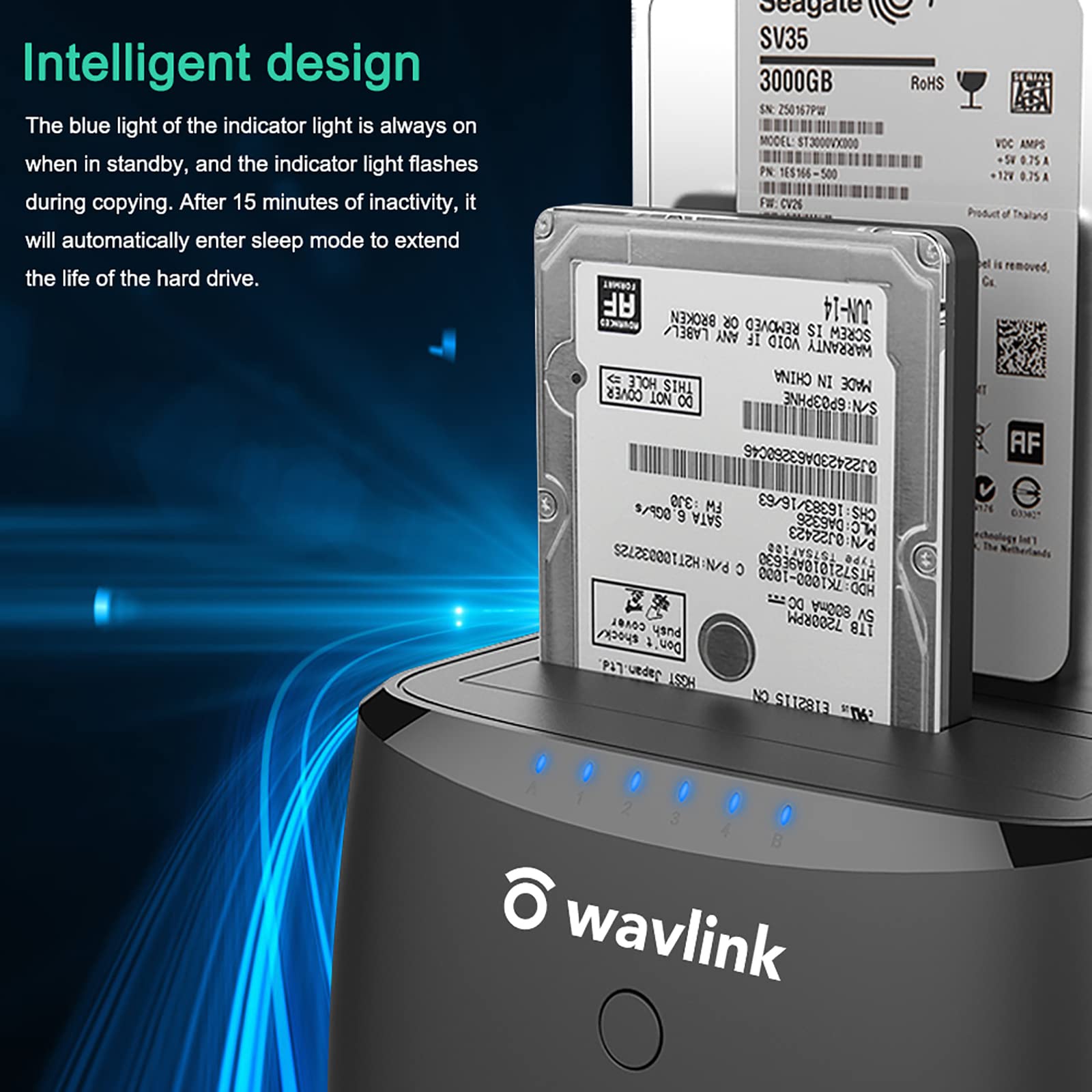 WAVLINK USB 3.0 to SATA I/II/III Dual Bay External Hard Drive Docking Station,Tool-Free External Hard Drive Dock for 2.5/3.5 inch HDD/SSD,Support Offline Clone,2x16TB with 12V/3A Power Adapter