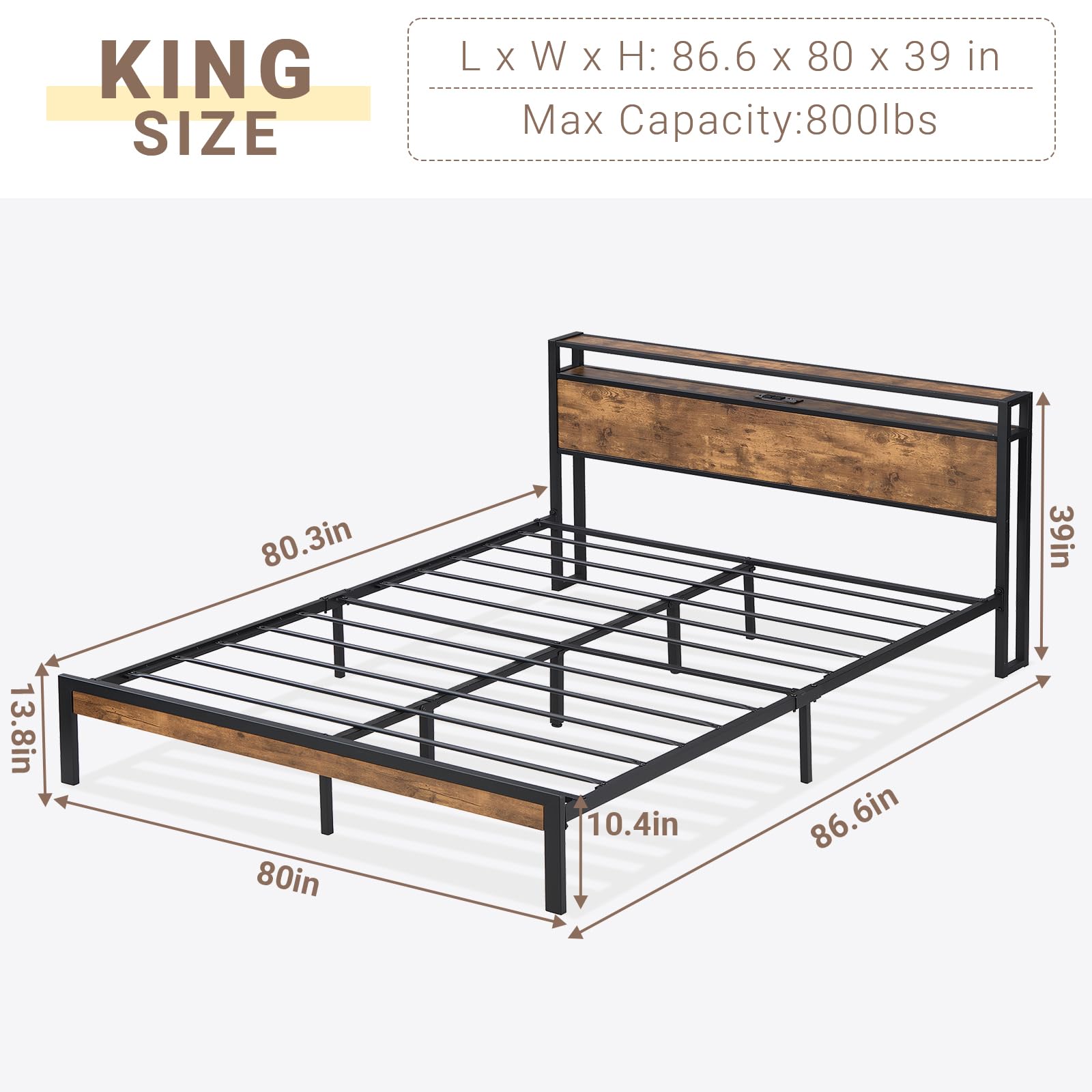 Zevemomo King Bed Frame, King Size Metal Platform Bed Frame with 2-Tier Storage Wood Headboard and Power Outlets, USB Ports Charging Station/No Box Spring Needed/Noise-Free/Easy Assembly/Brown