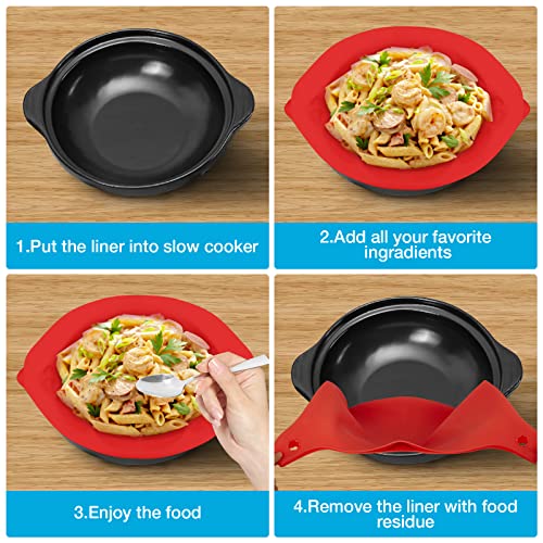 WAPSAT 2 Pack Silicone Slow Cooker Liners Fits for 7-8 QT Crockpot, Reusable Silicone Slow Cooker Liners, Safe Silicone Crockpot Liners (2pcs, Red + Blue)