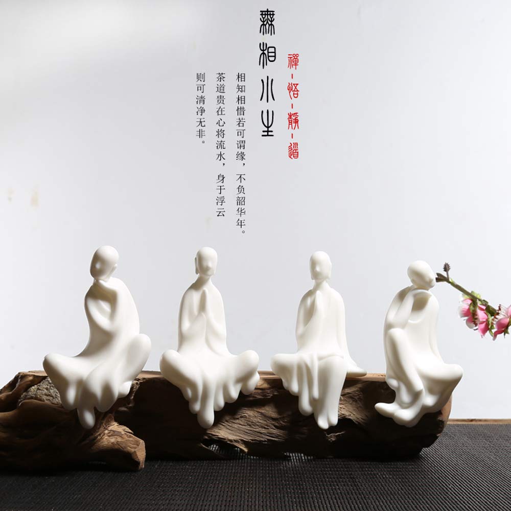 White Ceramic Little Buddha Monk Furniture Handmade Home Deco Buddhism Creative Gift (Wooden Pedestal)