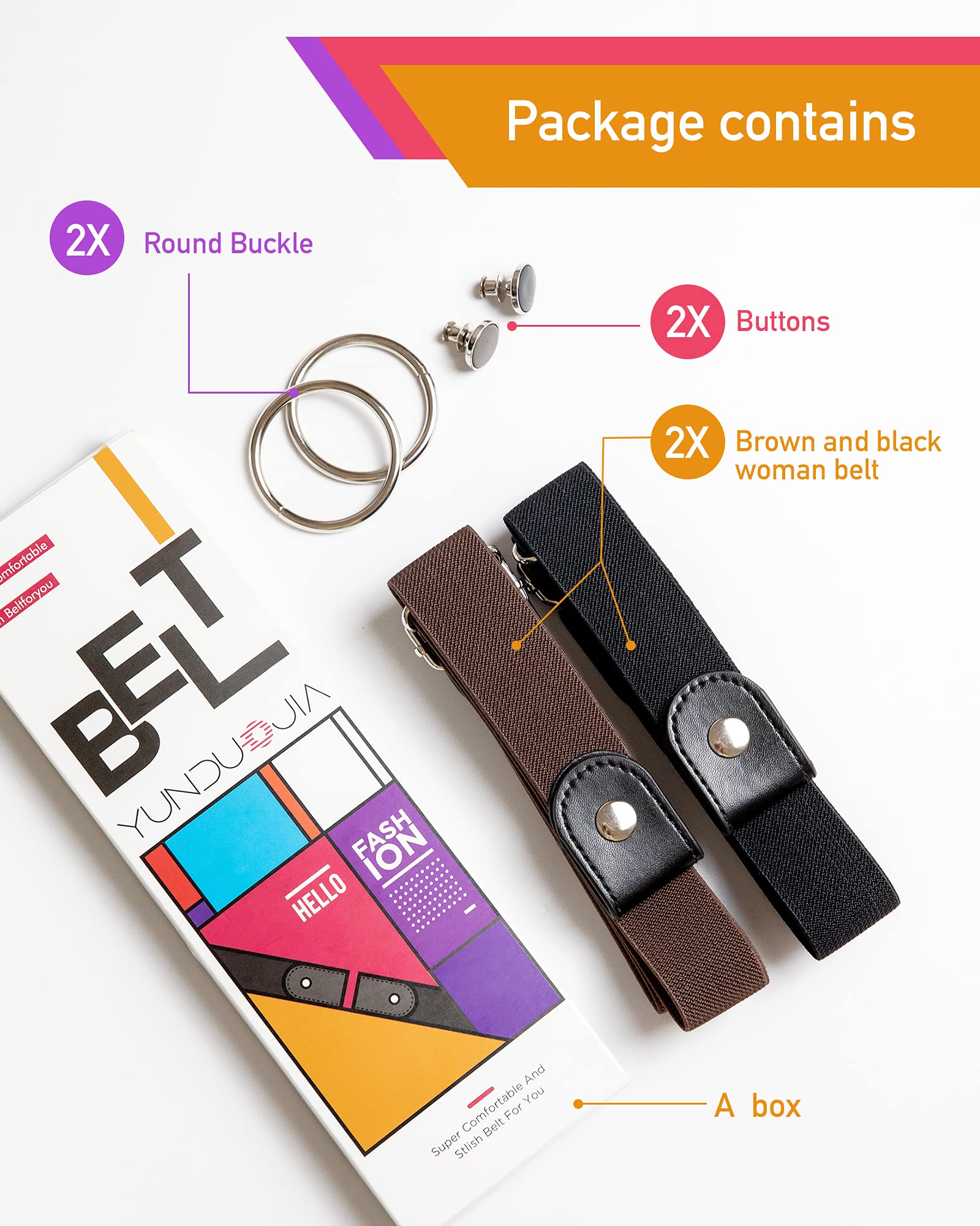 YUNDUOJIA No Buckle Comfortable Elastic Stretch Belts for Womens, Black Elastic Waist Adjustable Invisible Belts for Jeans Pants(2 Sets)
