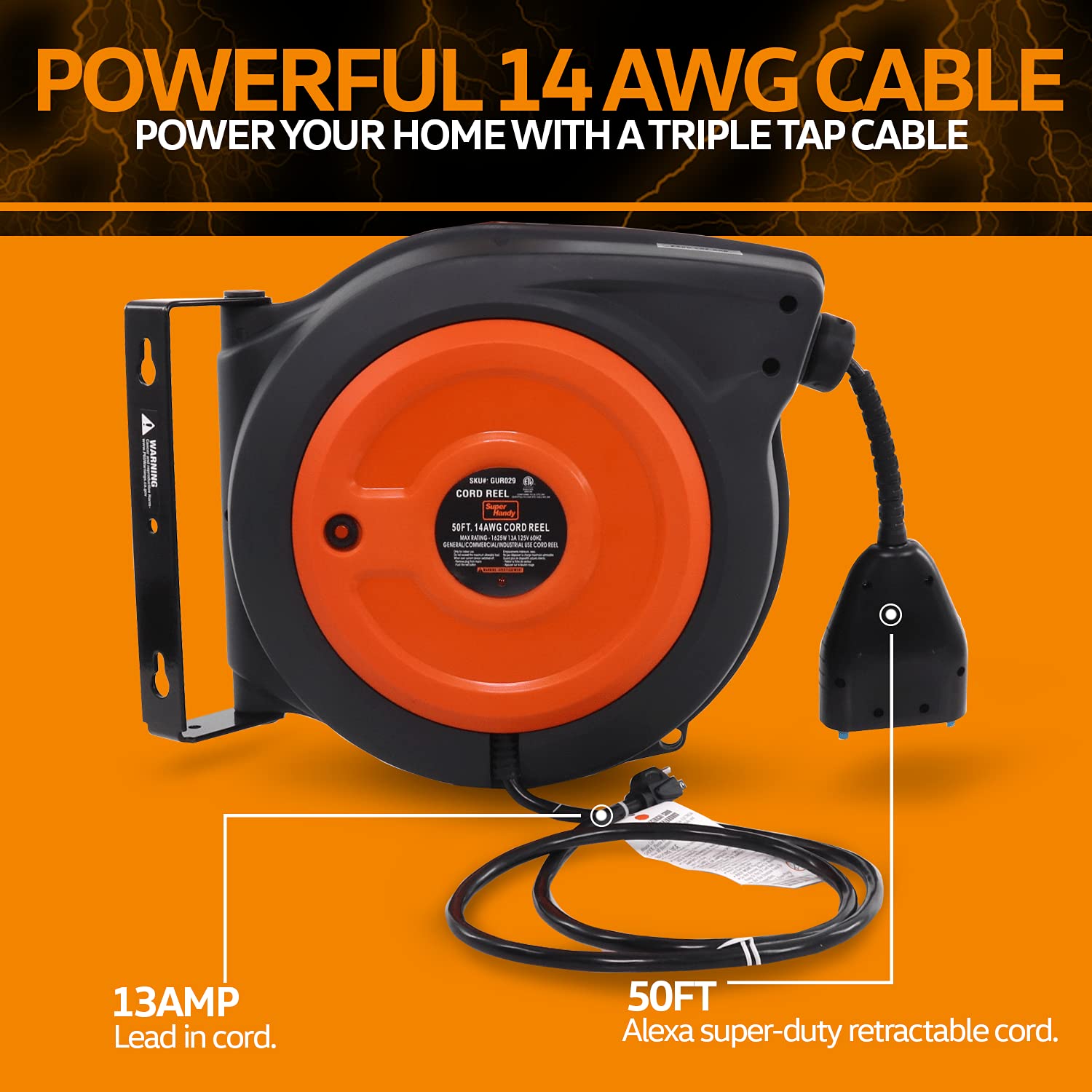 SuperHandy Cord Reel, Retractable, (14AWG x 50' Ft) 3 Outlet - Works with Alexa Built-in Smart Plugs, IP64 Waterproof, 13A 1625W, Slow & Safe Retraction