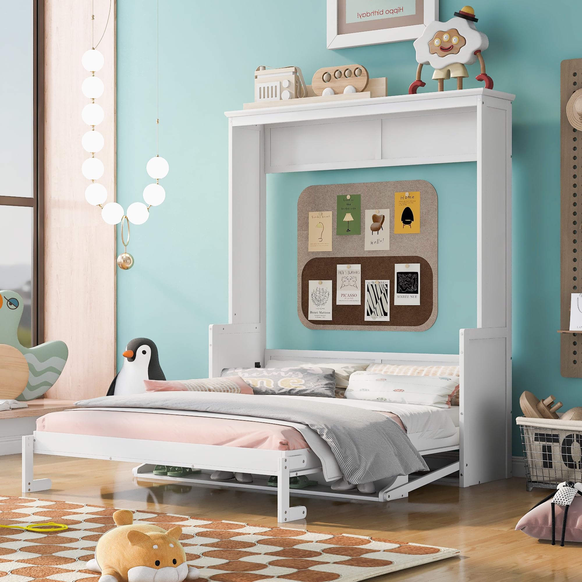YSWH Queen Size High Murphy Bed Chest, Wood Murphy Bed Frame with Shelf Desk, Mobile Versatile Chest Bed Folding Bed for Bedroom Furniture, Foldable Platform Bed Folded into Cabinet (White)