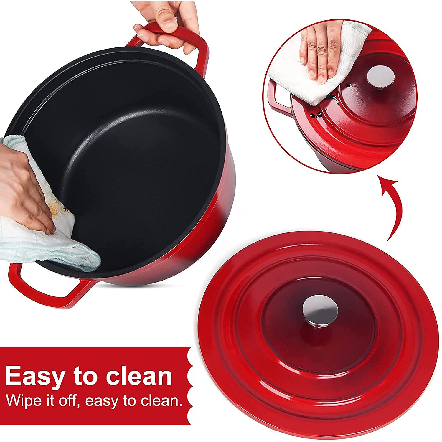 swiflon Dutch Oven Pot with Lid 6.8-QT Cast Aluminum Nonstick Casserole, Lightweight Cookware Braiser Pot Suitable for Meats, Soups, Bread Baking in Oven, Red