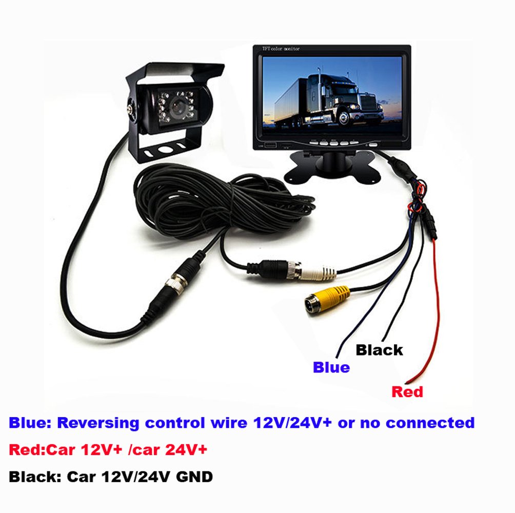 Vehicle Backup Camera and 7 inch Screen Monitor System 12V/24V,2 x IR Night Vision Car Reverse Rear View Mirror Camera Kit with 4 Pin 15m 20m Cable for RV Bus Semi Truck Trailer 5th Camper