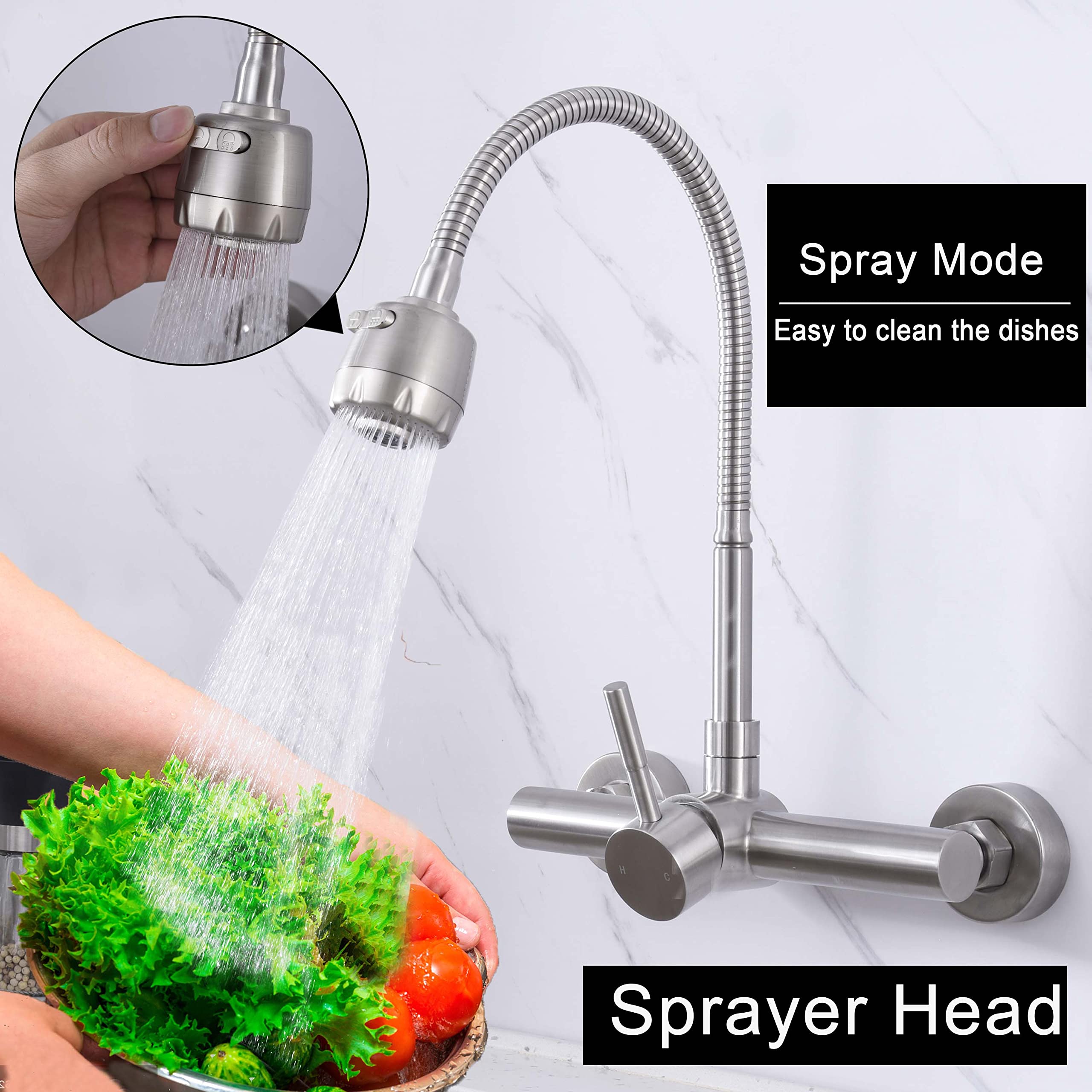 Wall Mount Kitchen Faucet One Handle 8" inch Center Commercial Sink Faucet with Stainless Steel Constructed Brushed Nickel Finish Commercial Kitchen Sink Faucet