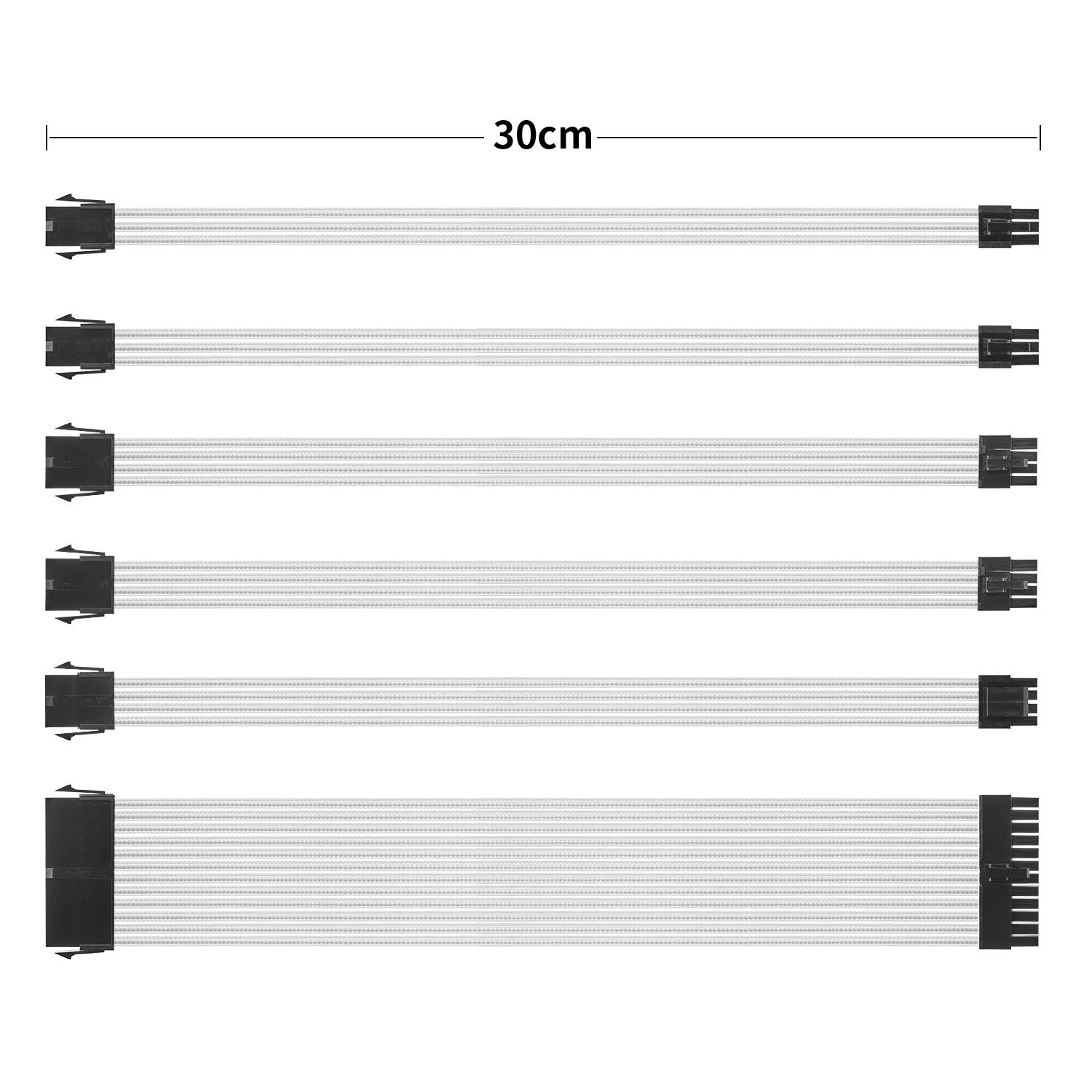 White Sleeved Cables PSU Extension Cable Kit with 30CM Sleeved 24-PIN 8-PIN 6-PIN 4+4-PIN for ATX Power Supply
