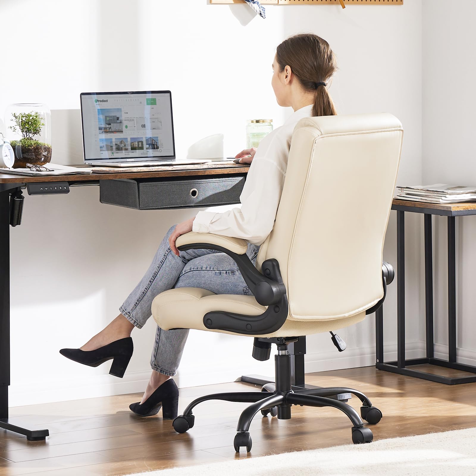 Sweetcrispy Executive Office Chair Beige White Desk Chair with Wheels Height Adjustable PU Leather Office Chair Flip Up Arms Mid Back Computer Chair with Lumbar Support