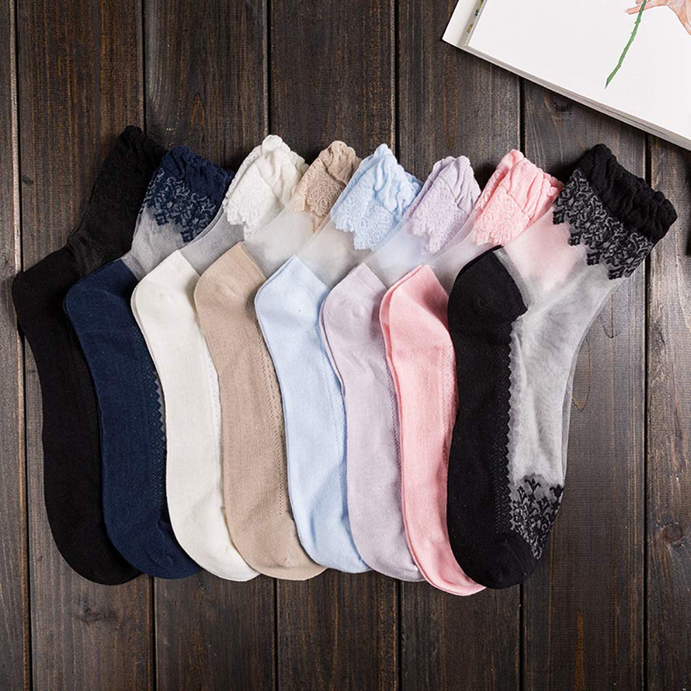 Women 6 Pairs Sheer Elastic Socks Soft Summer Transparent Lace Crystal Silky Hosiery Stockings (6pairs)
