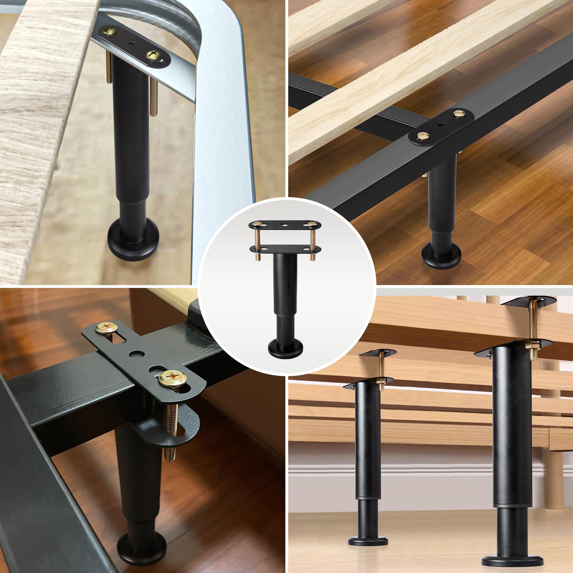 ZhouDaShu Adjustable Height Bed Frame Center Support Legs with Wider Base,Bed Support Legs Replacement for Metal/Wood Slats,Bed Reinforcement Kit,Height from 10" to 16.5",Black-4 Pcs