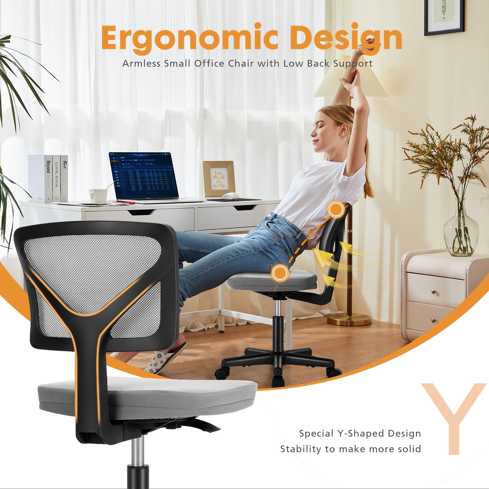 Sweetcrispy Small Office Computer Desk Chair with Armless Low Back Lumbar Support and Adjustable Height 360° Rolling Swivel Wheels without Arm for Small Space, Bedroom, Student