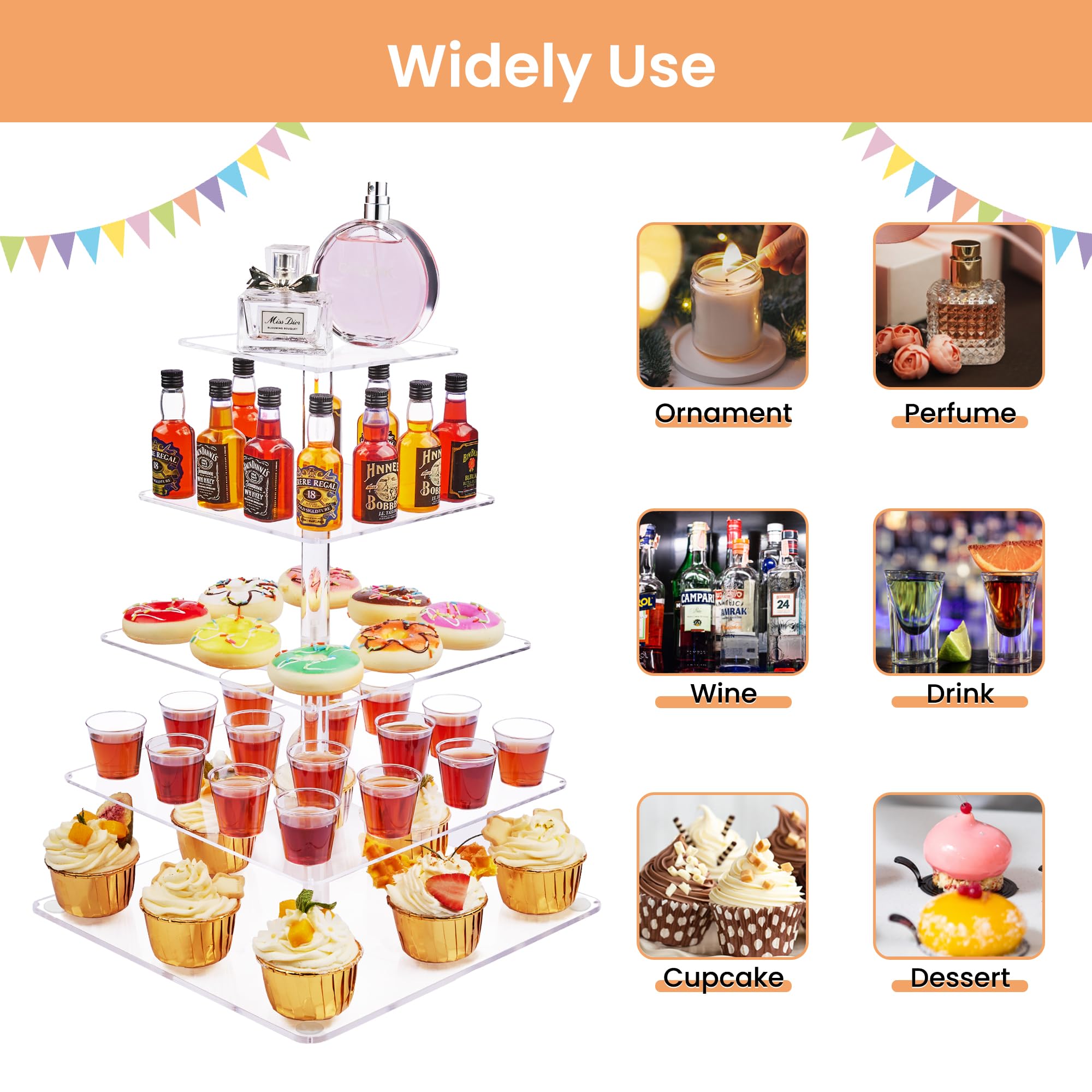 upsimples 5 Tier Acrylic Cupcake Stand, Dessert Tower for 56 Cupcakes, Square Cupcake Display Stand with Yellow LED Light for Birthday, Baby Shower, Tea Party and Wedding Décor