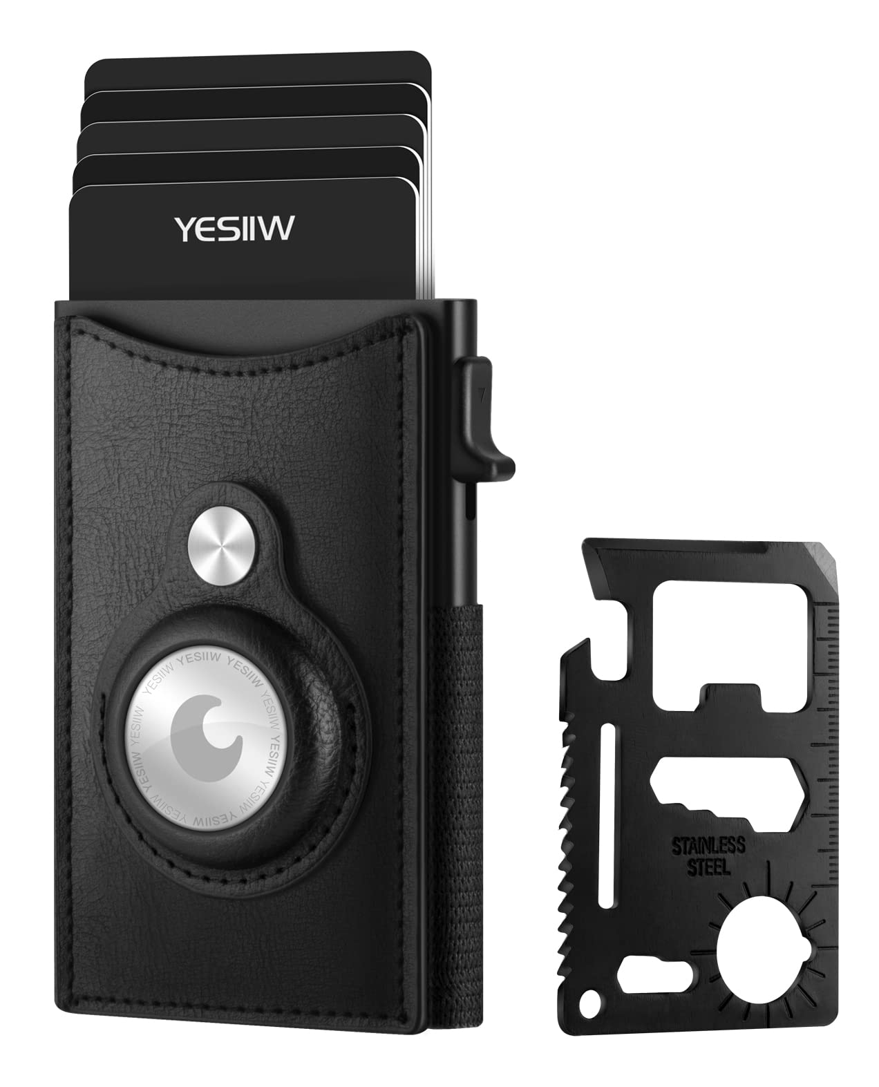 YESIIW AirTag Wallet for Men with Apple Airtag Holder RFID Blocking Slim Pop up Air Tag Credit Card Holder with Elasitc Pocket Smart Leather Wallet with Multi Purpose Survival Tool Black