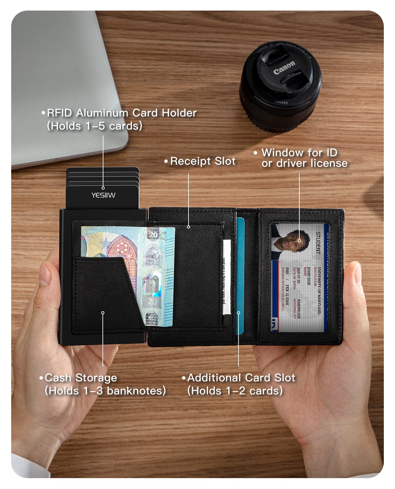 YESIIW AirTag Wallet for Men - RFID Protected, Premium Space Aluminum and Quality Leather, Black